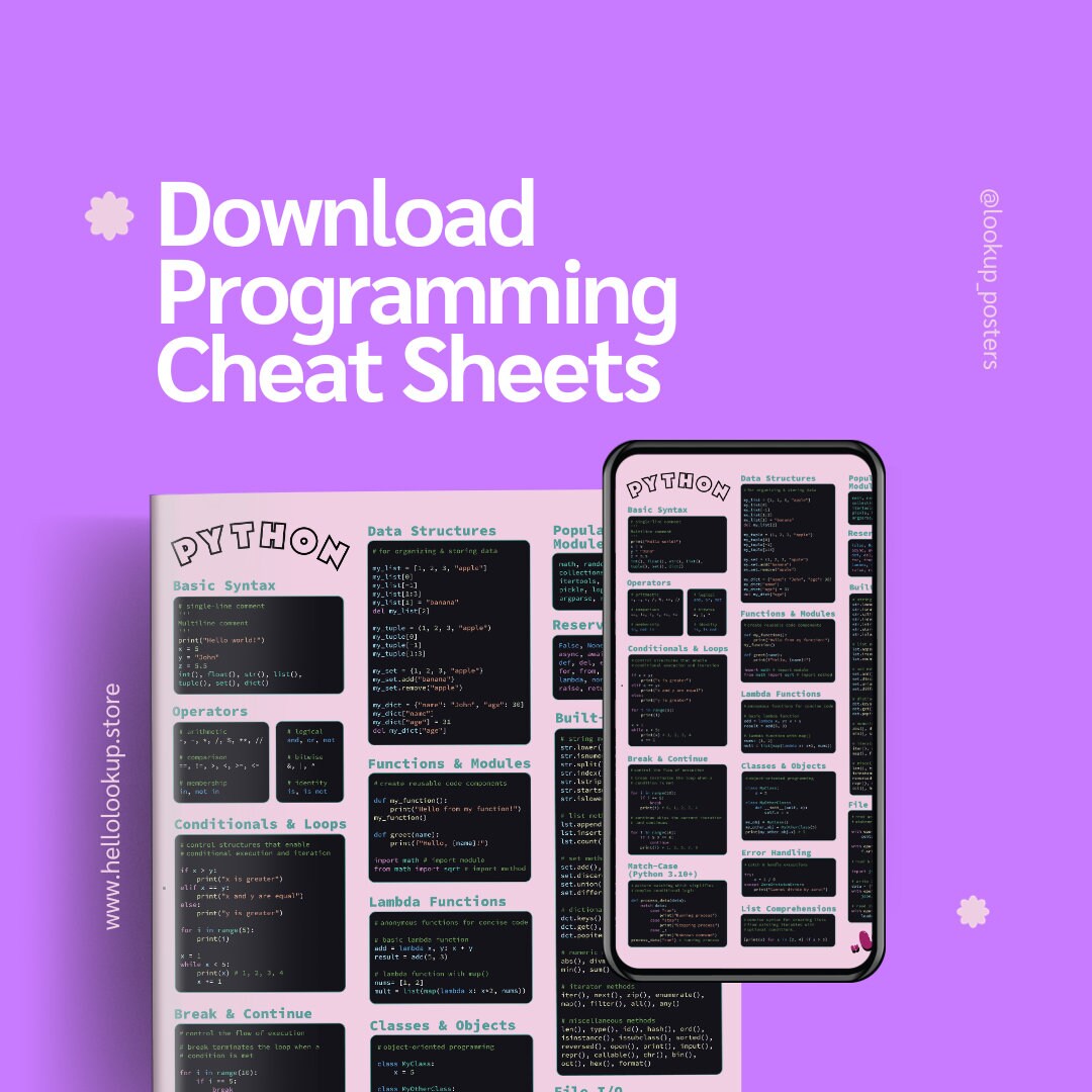 Pink Python Programming Cheat Sheet Poster Stylish Python - Etsy