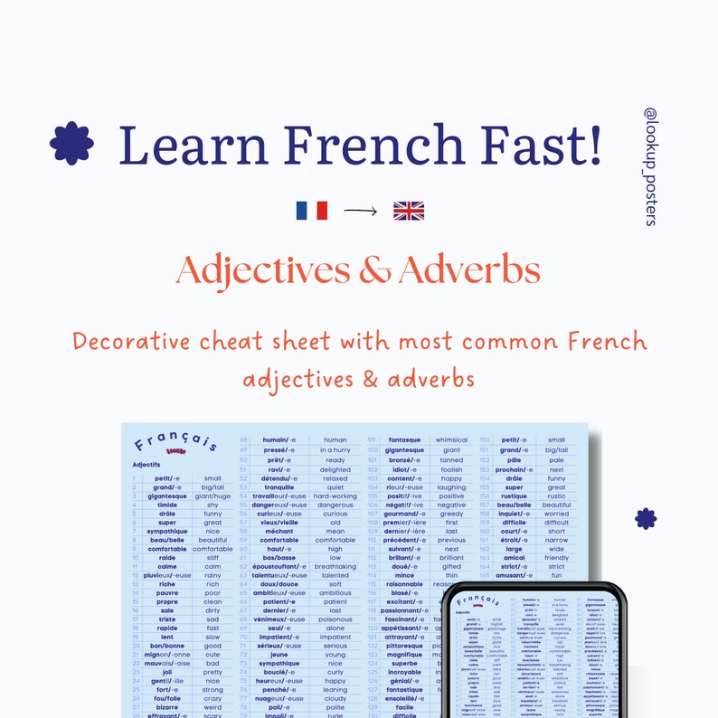Blue French Cheat Sheet Poster - Most Common French Adjectives ...