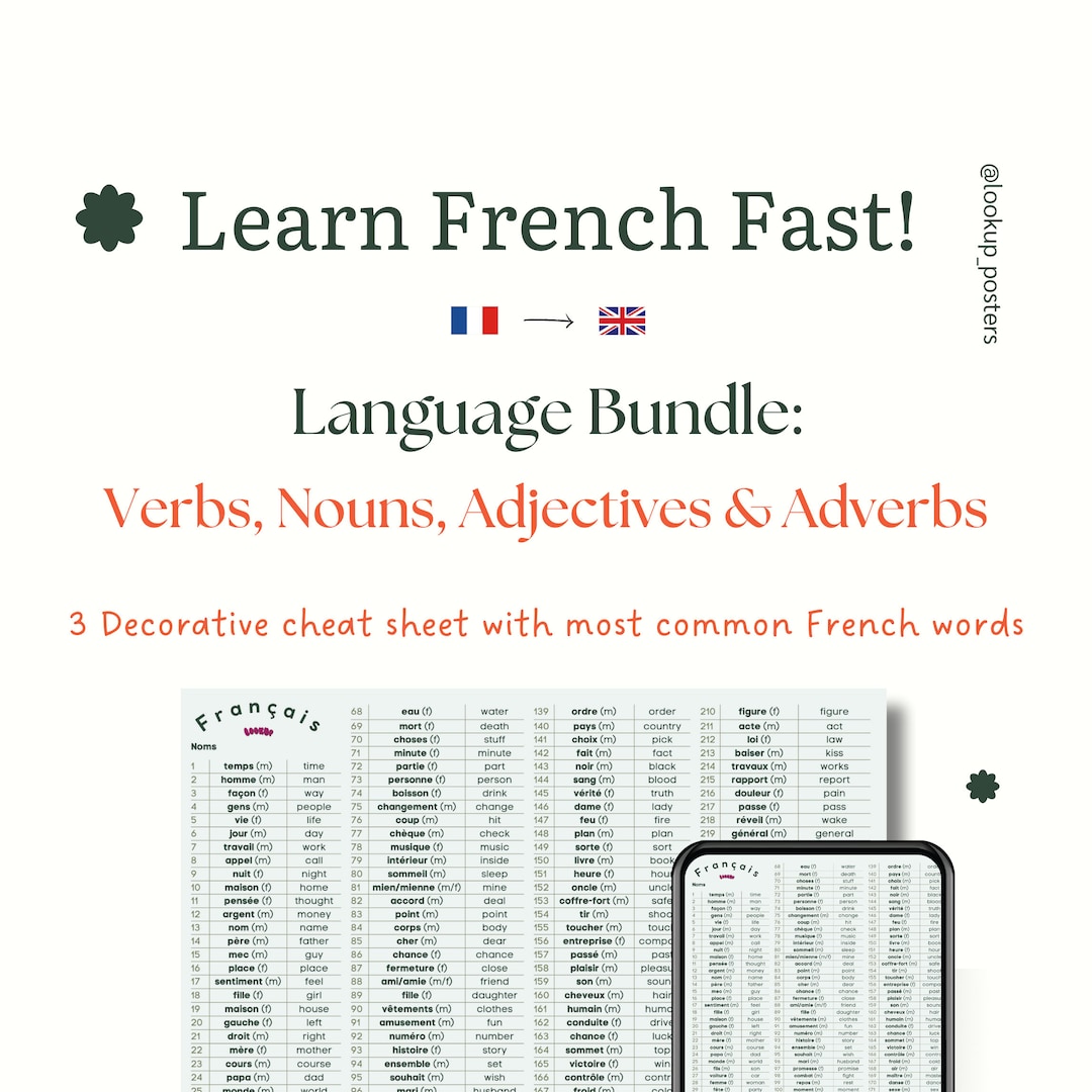 Mint Green French Cheat Sheet Poster Bundle - Most Common French Verbs ...