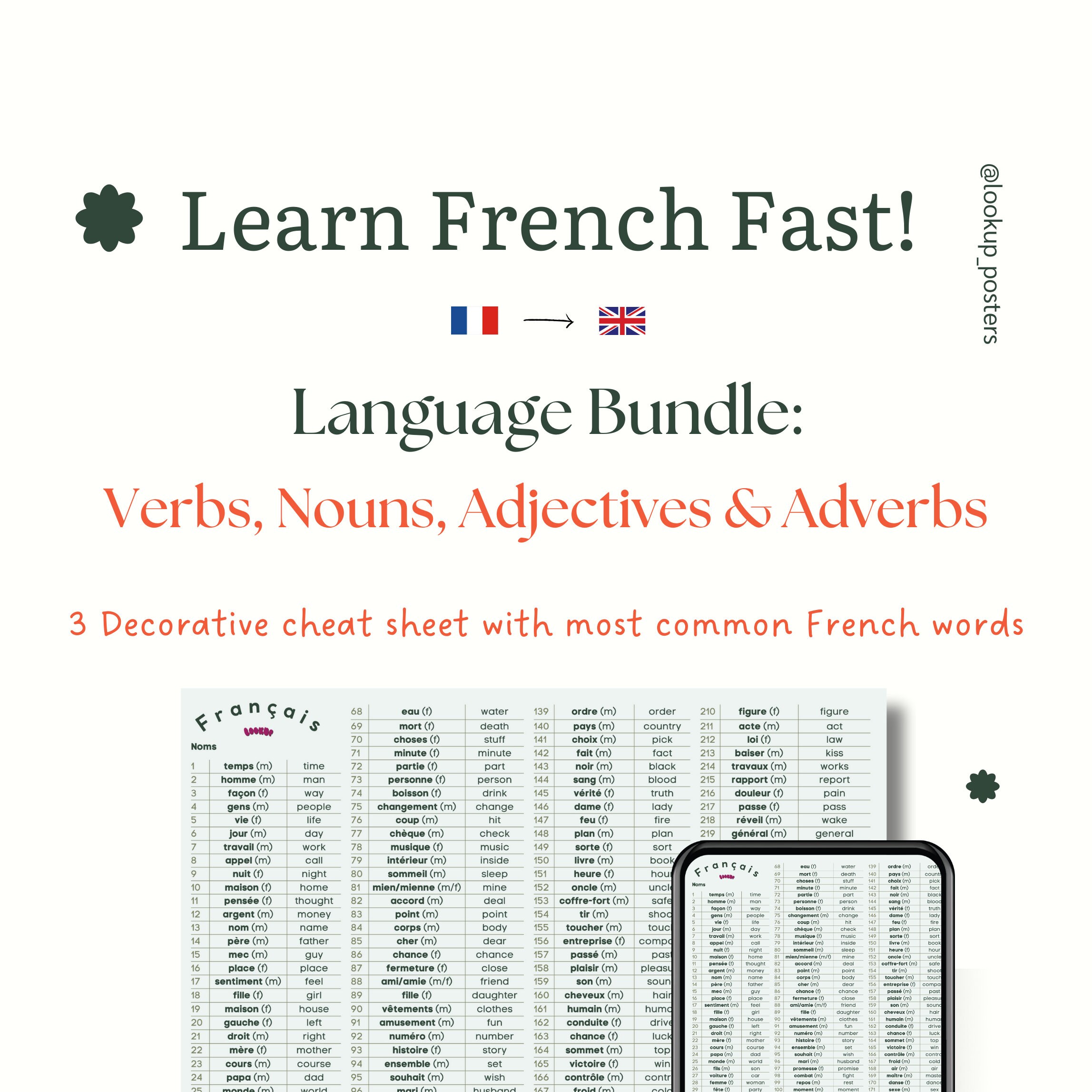 Mint Green French Cheat Sheet Poster Bundle - Most Common French Verbs ...