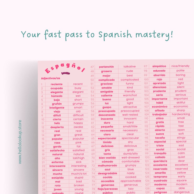 Pink Spanish Cheat Sheet Poster - Most Common Spanish Verbs - Instant ...