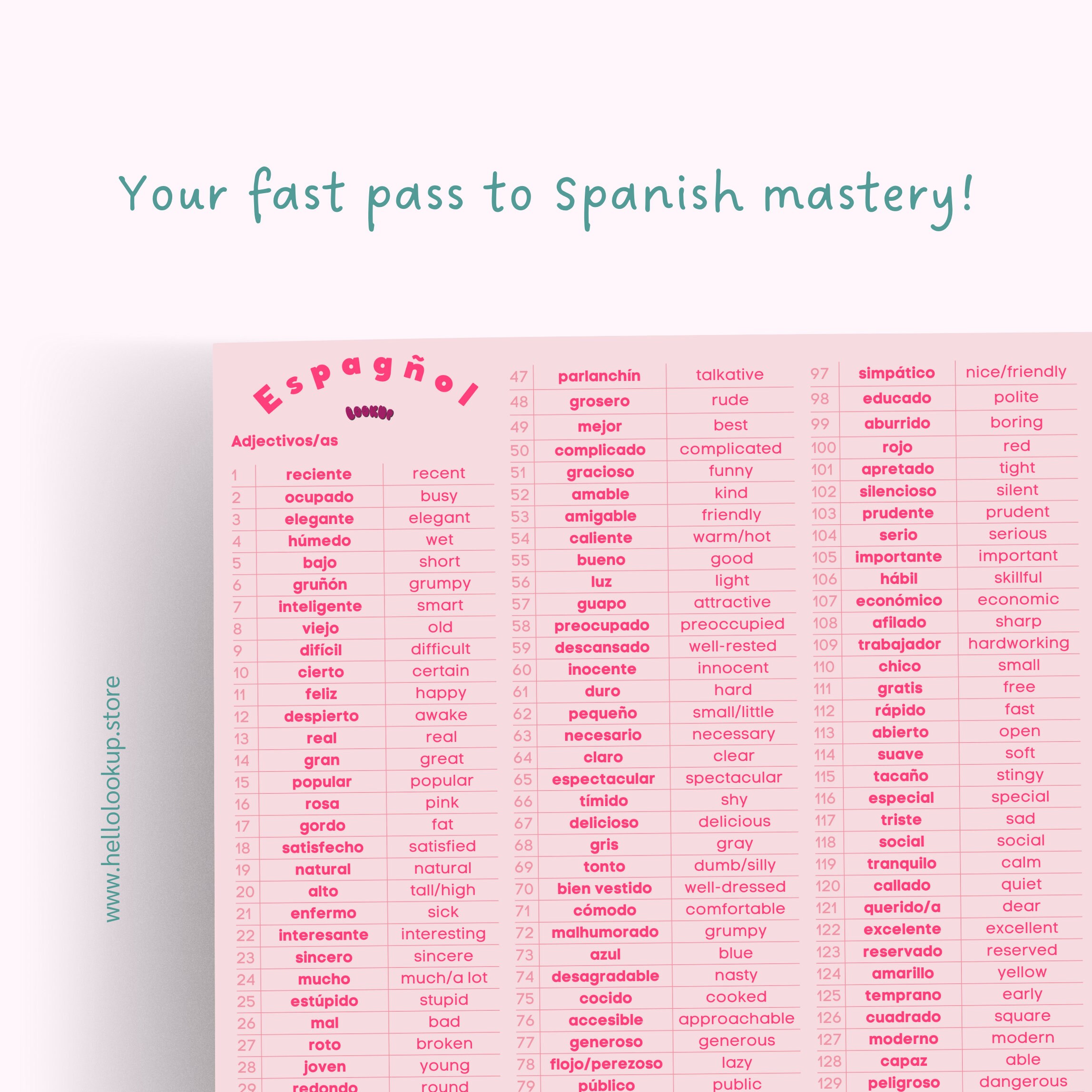 Pink Spanish Cheat Sheet Poster - Most Common Spanish Verbs - Instant ...