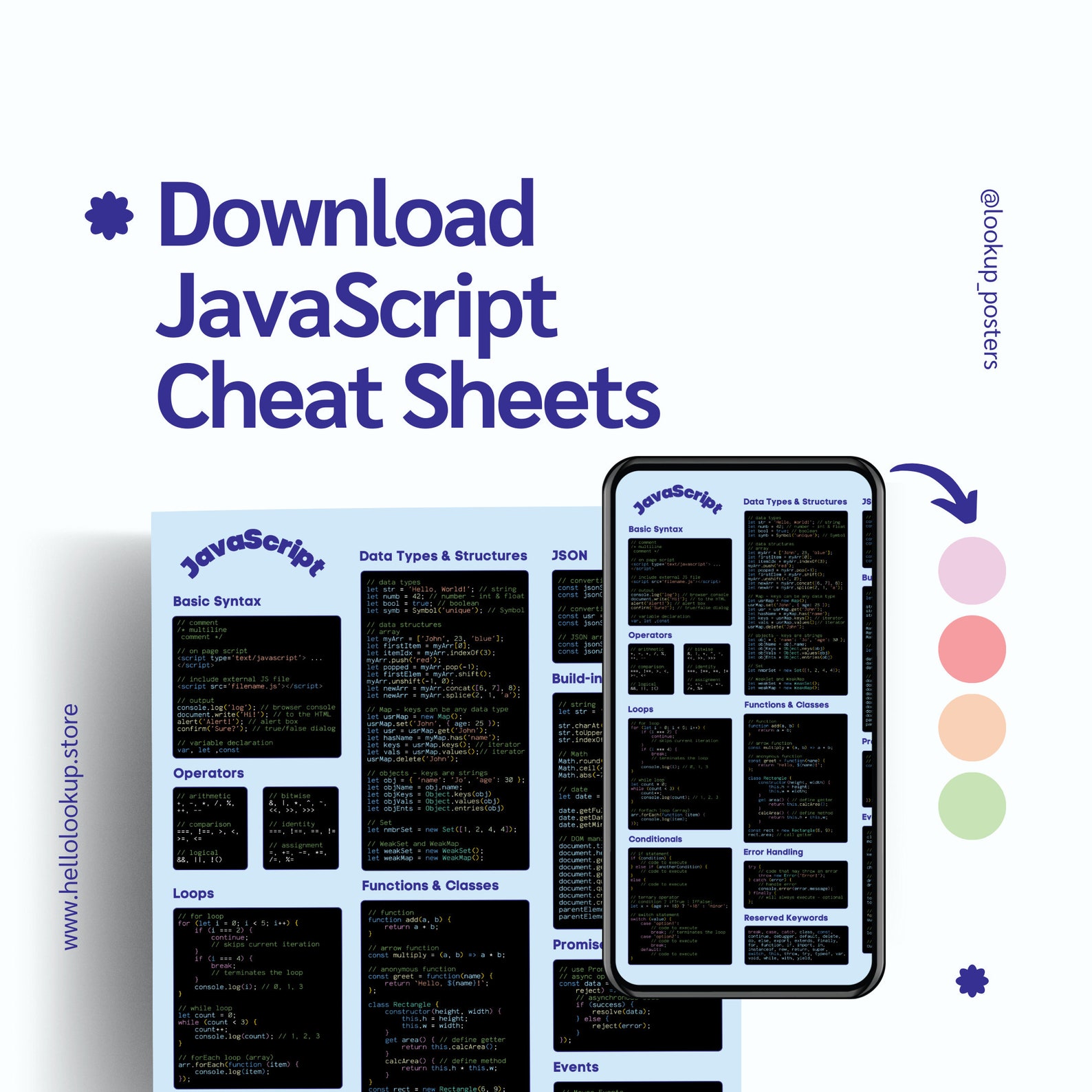 Blue Javascript Programming Cheat Sheet Poster - Stylish Javascript Wall Art for Coding ...
