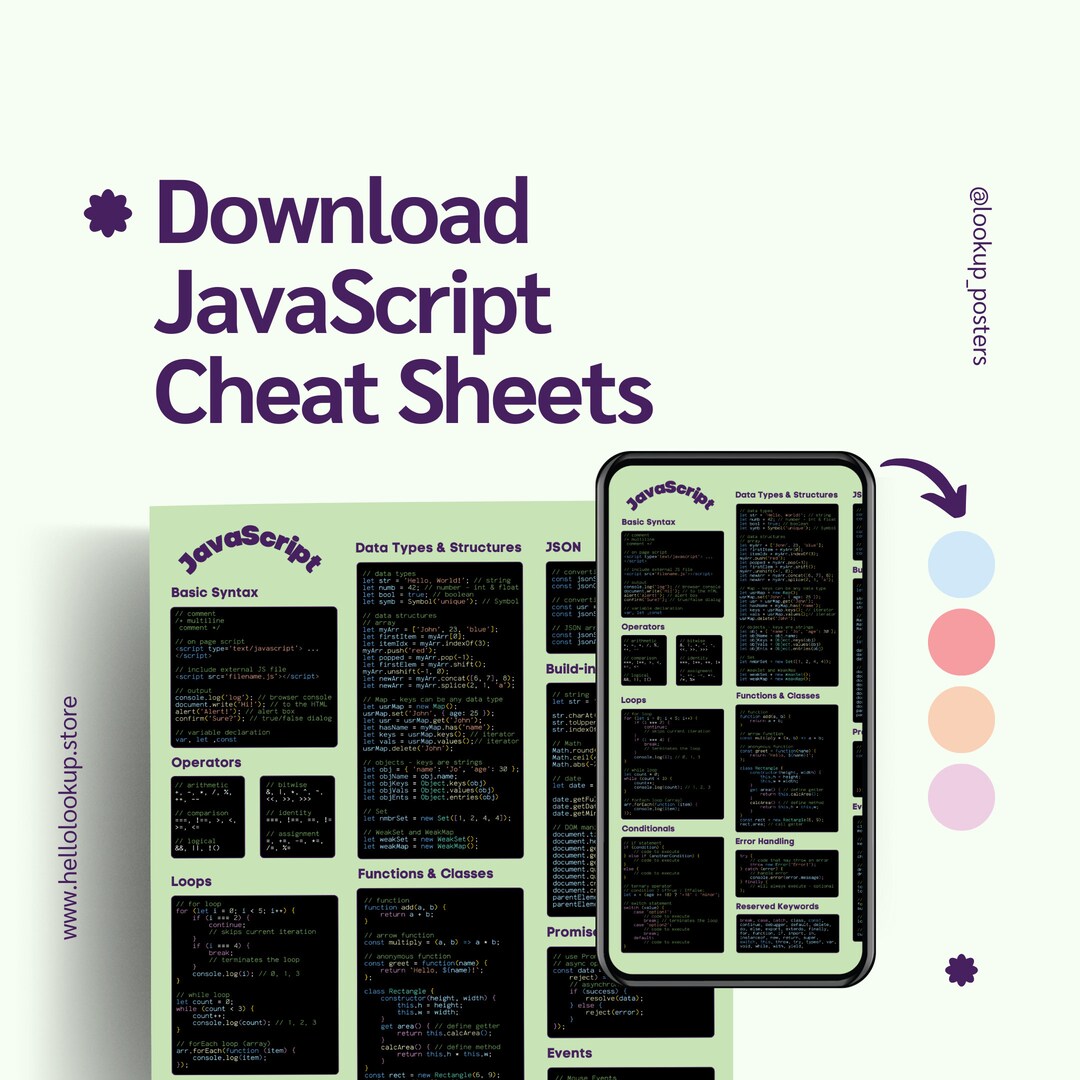 Green Javascript Programming Cheat Sheet Poster - Stylish Javascript Wall Art for Coding ...