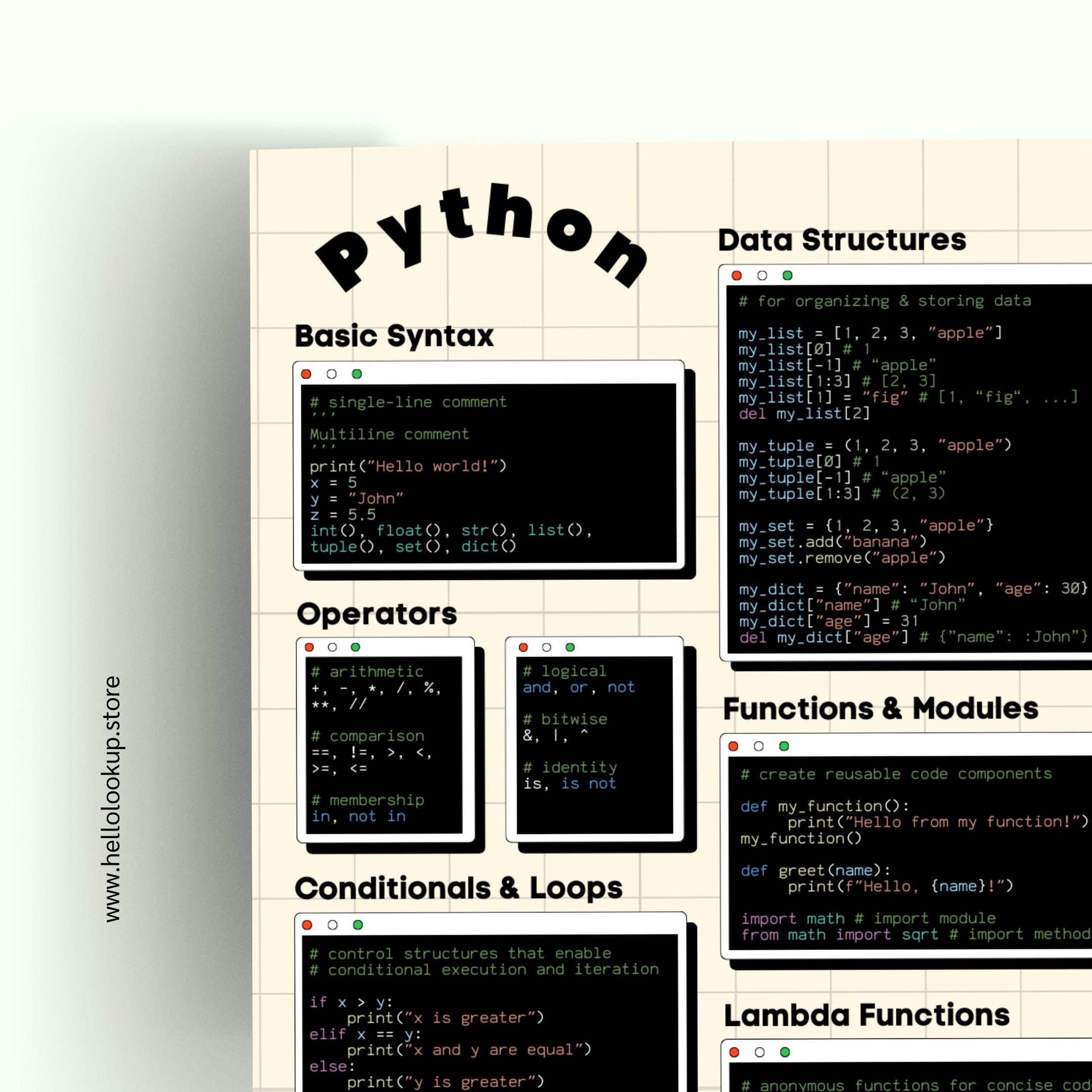 Off White Python Programming Classroom Cheat Sheet Poster Stylish