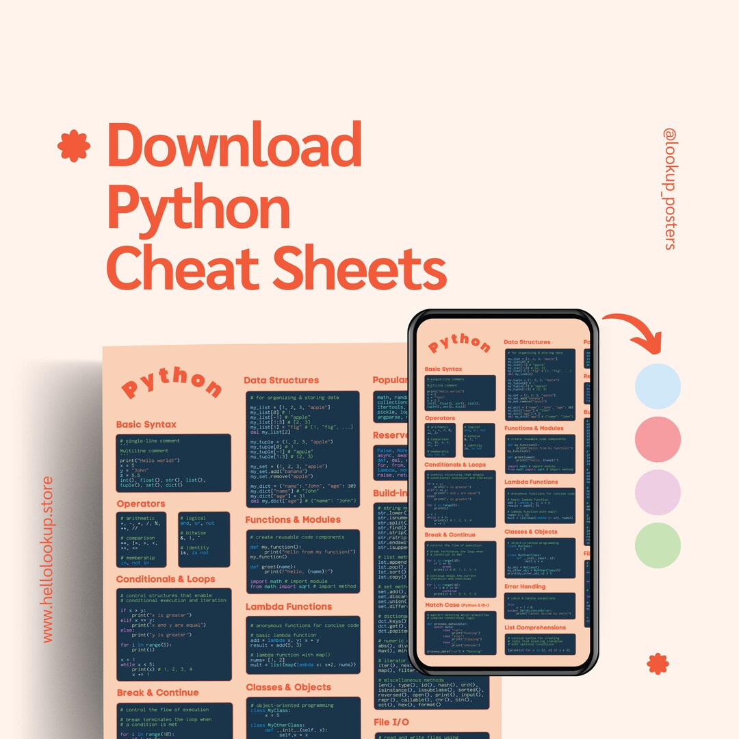 Orange Python Programming Cheat Sheet Poster - Blue Background Decorative Python Wall Art for ...