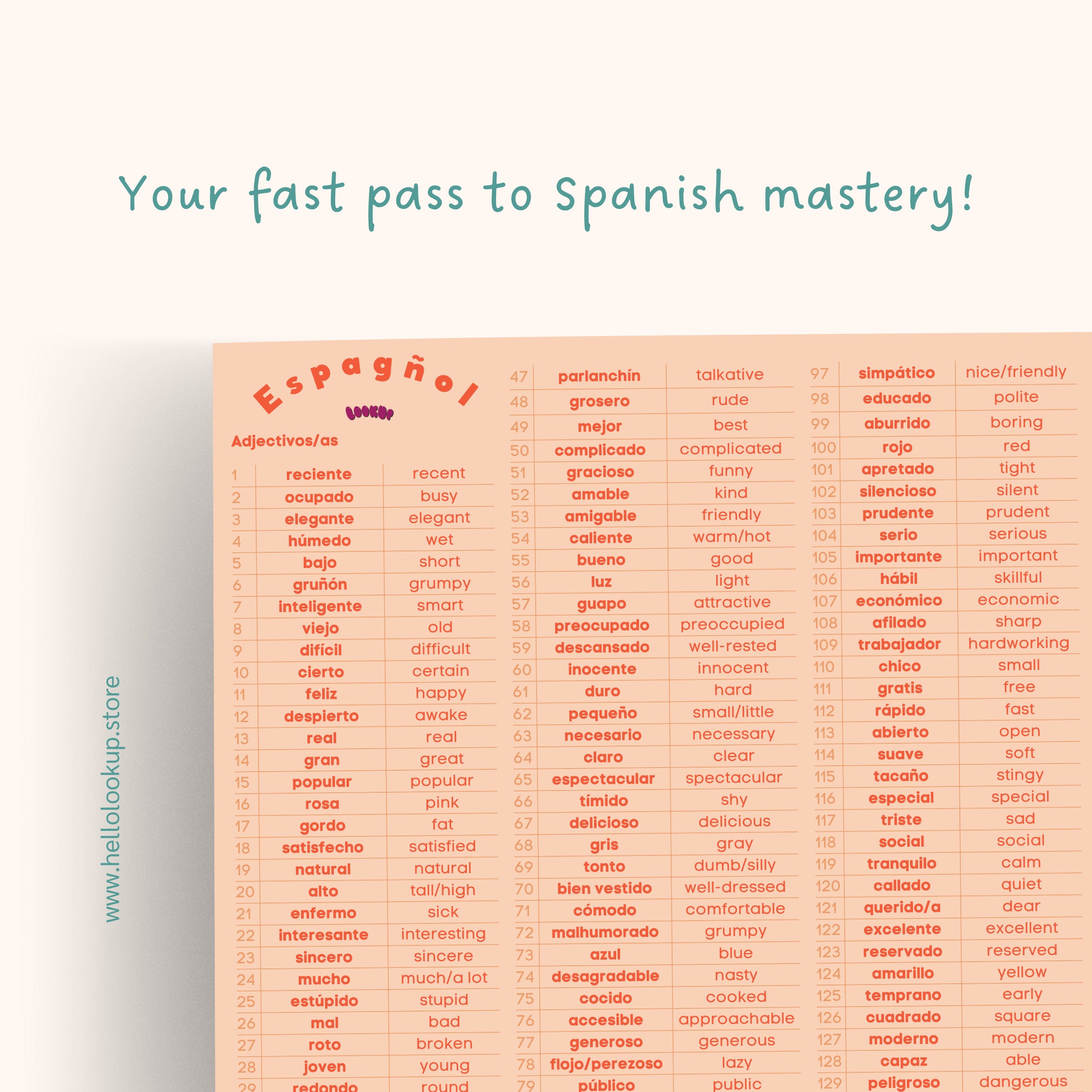 Orange Spanish Cheat Sheet Poster - Most Common Spanish Adjectives ...