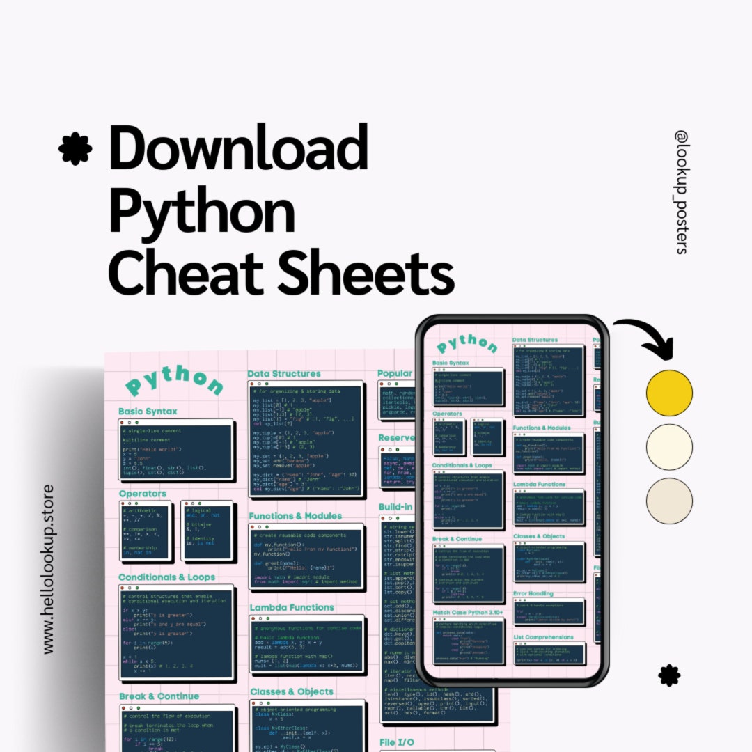 Pink Python Programming Classroom Cheat Sheet Poster - Blue Background Python Wall Art for ...