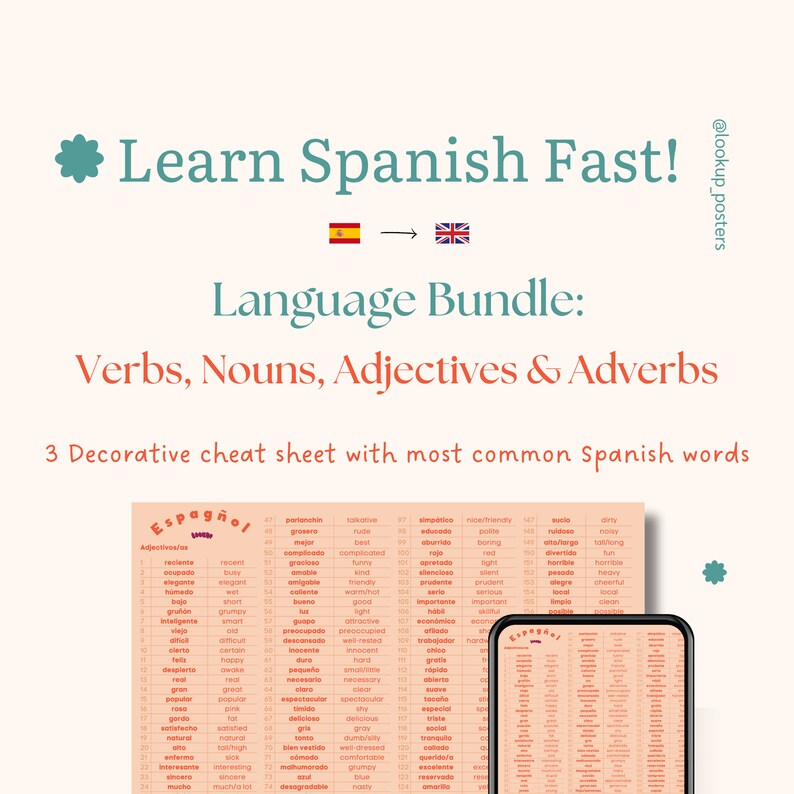 Orange Spanish Cheat Sheet Poster Bundle Most Common Spanish Verbs ...
