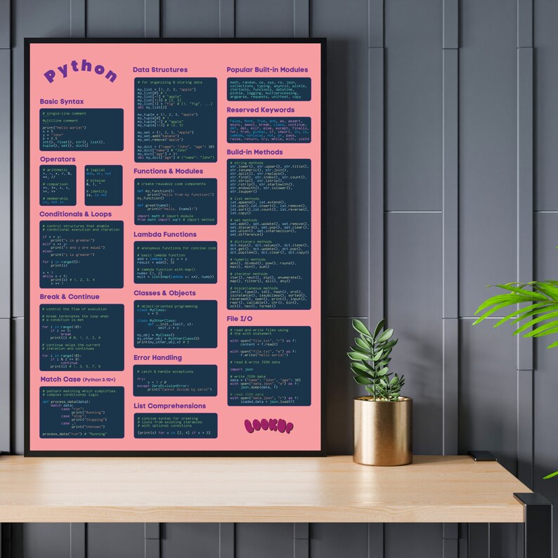 Peach Python Programming Cheat Sheet Poster Blue Background Decorative ...