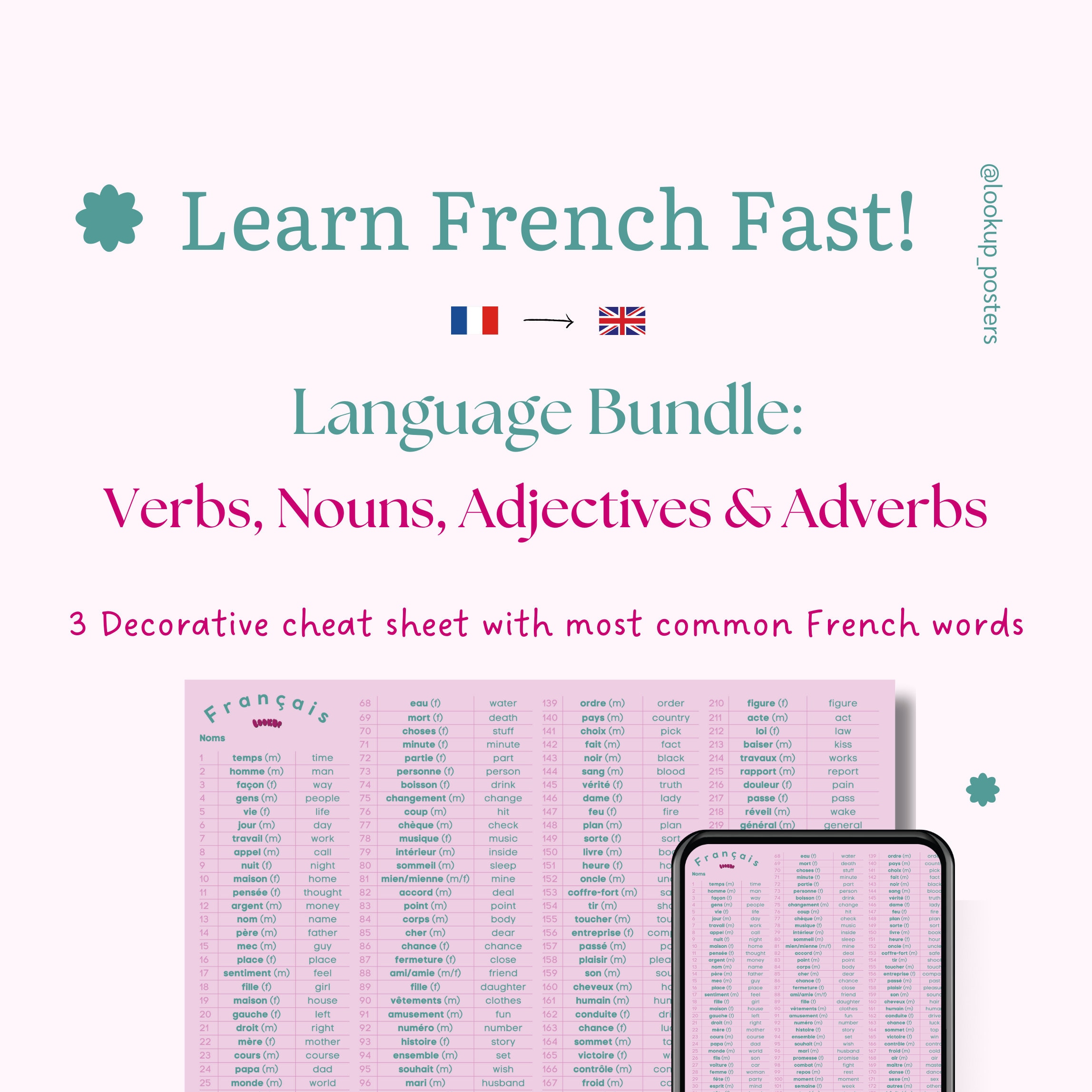 Pink French Cheat Sheet Poster Bundle - Most Common French Verbs, Nouns ...