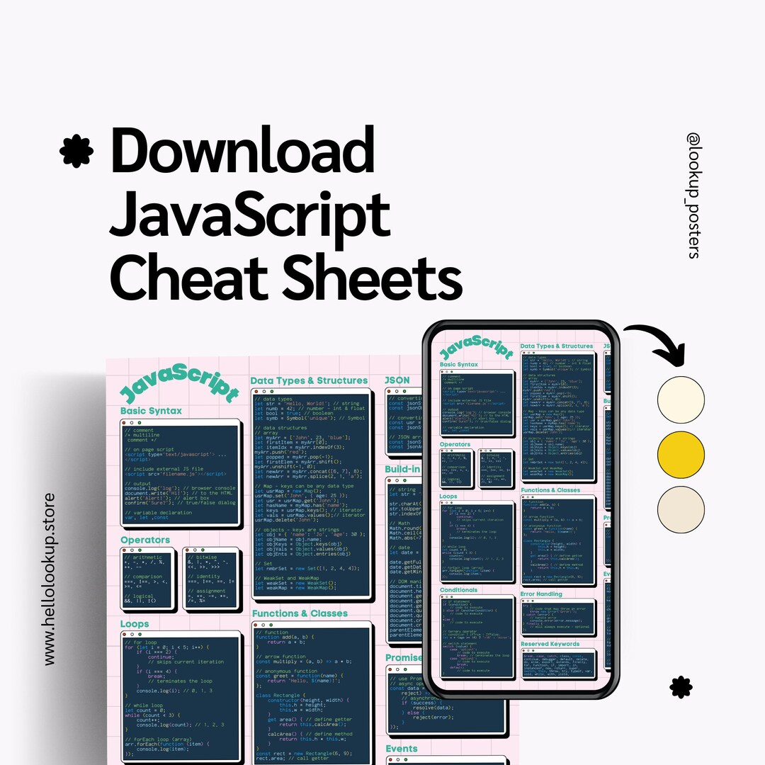 Pink Javascript Programming Classroom Cheat Sheet Poster - Blue Background Javascript Wall Art ...