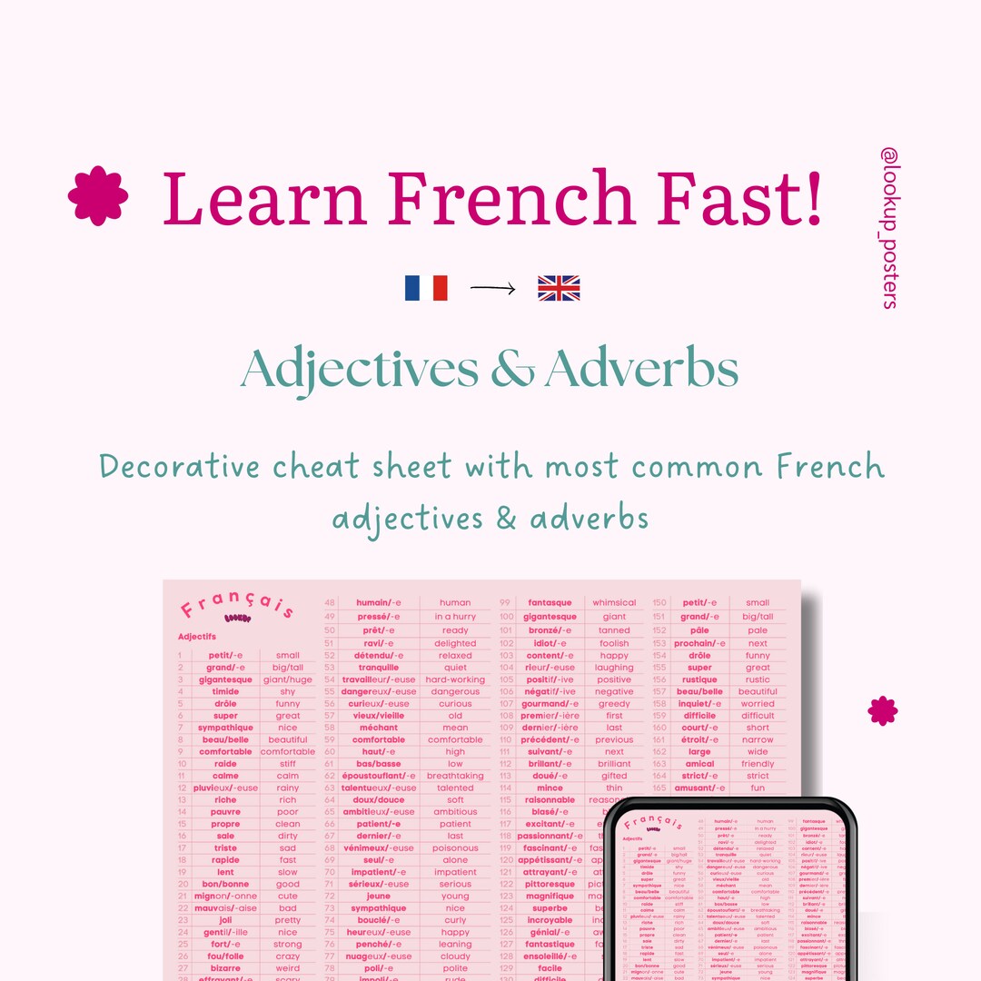 Pink French Cheat Sheet Poster - Most Common French Adjectives ...