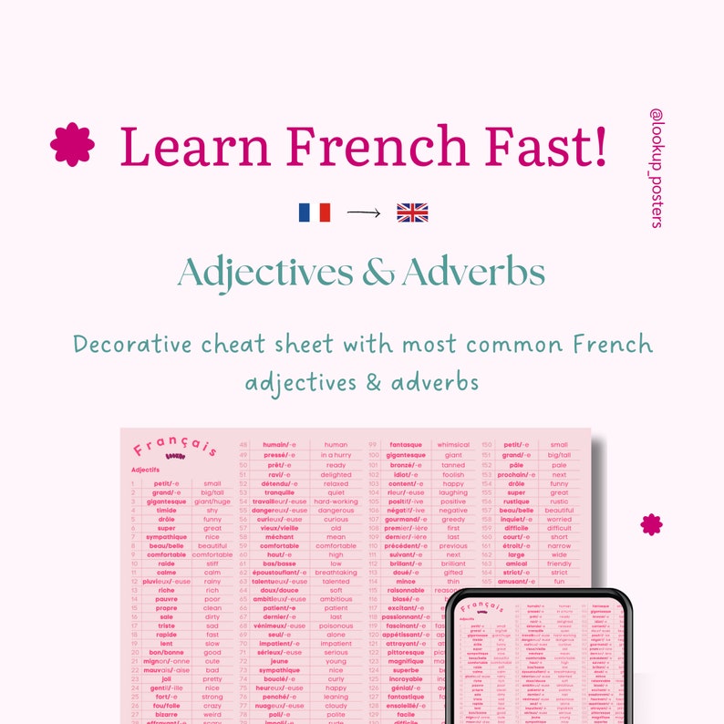 Pink French Cheat Sheet Poster Most Common French Adjectives & Adverbs ...