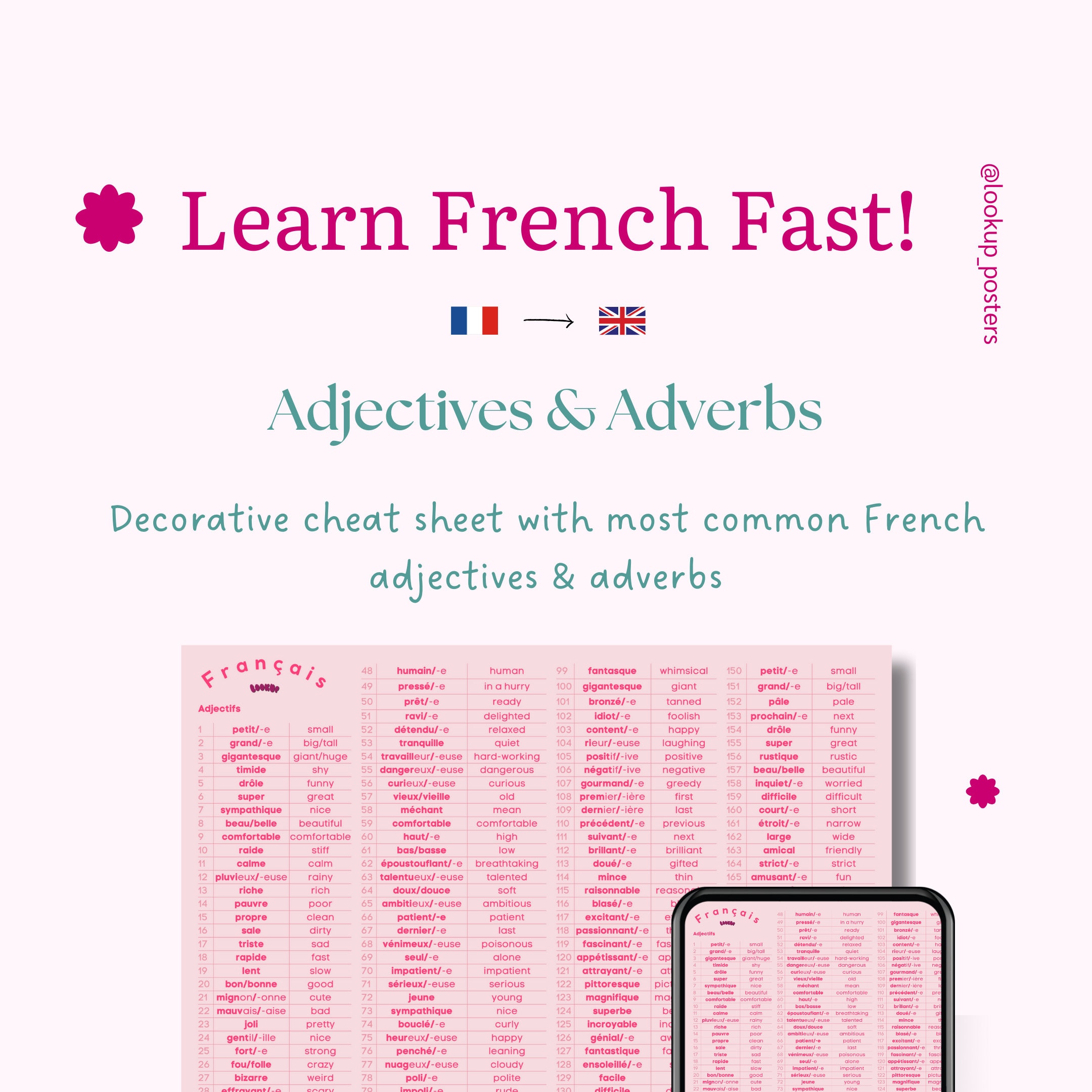 Pink French Cheat Sheet Poster Most Common French Adjectives & Adverbs ...