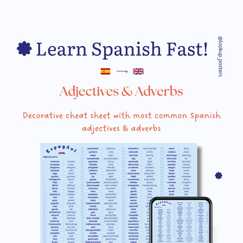 Blue Spanish Cheat Sheet Poster - Most Common Spanish Adjectives ...