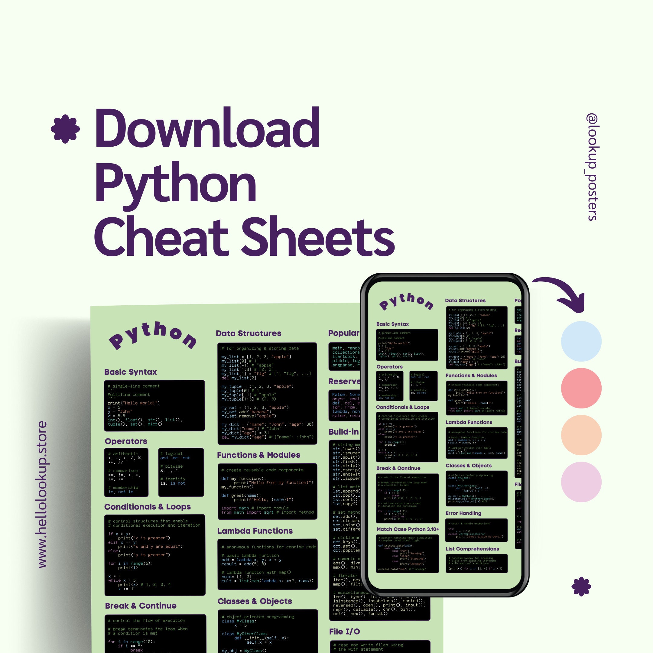 Green Python Programming Cheat Sheet Poster Stylish Python Wall Art For Coding Enthusiasts