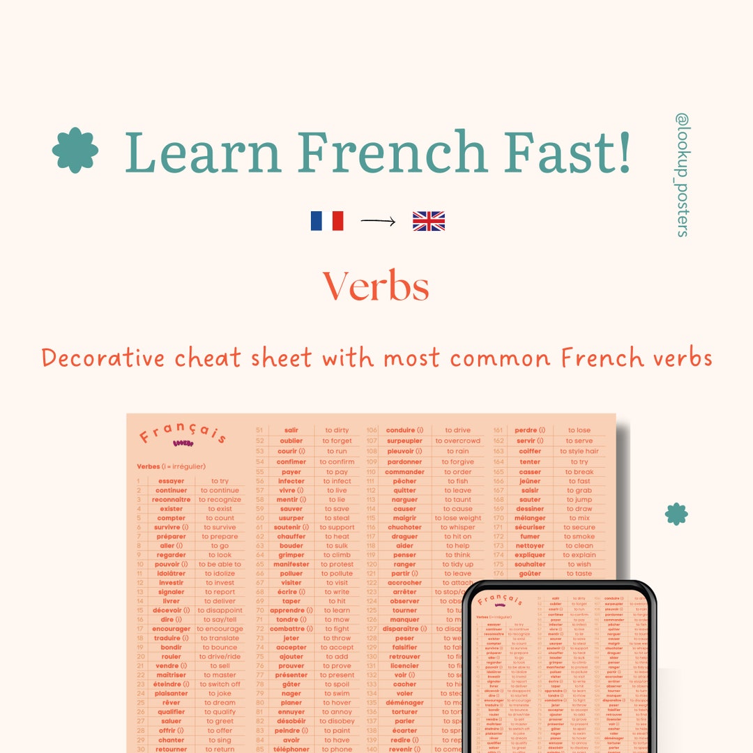 Orange French Cheat Sheet Poster - Most Common French Verbs - Instant ...