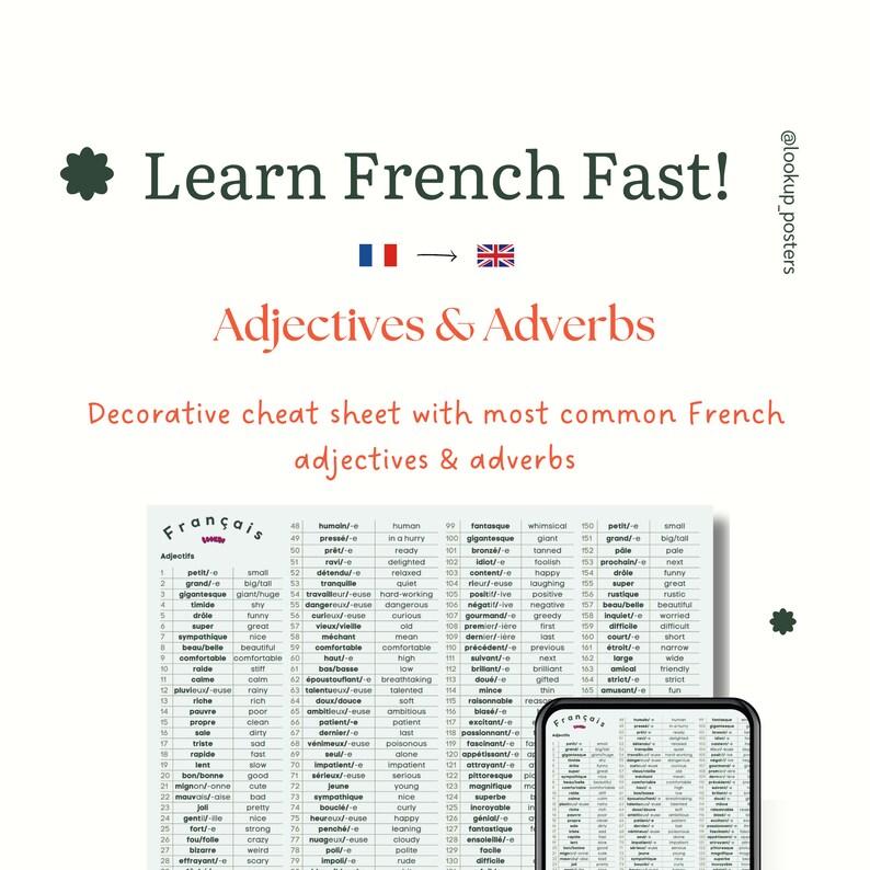 Mint Green French Cheat Sheet Poster Most Common French Adjectives ...