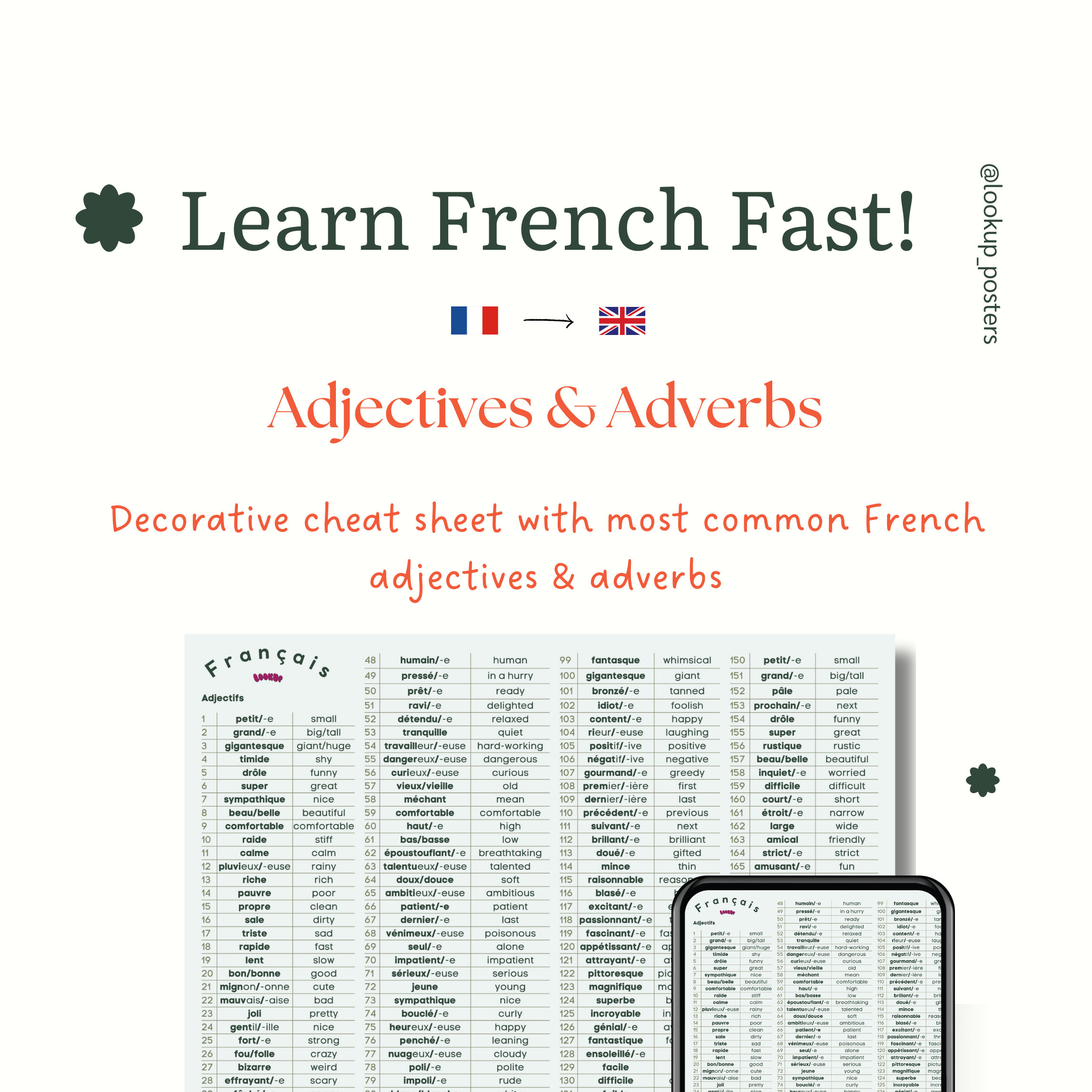Mint Green French Cheat Sheet Poster Most Common French Adjectives ...