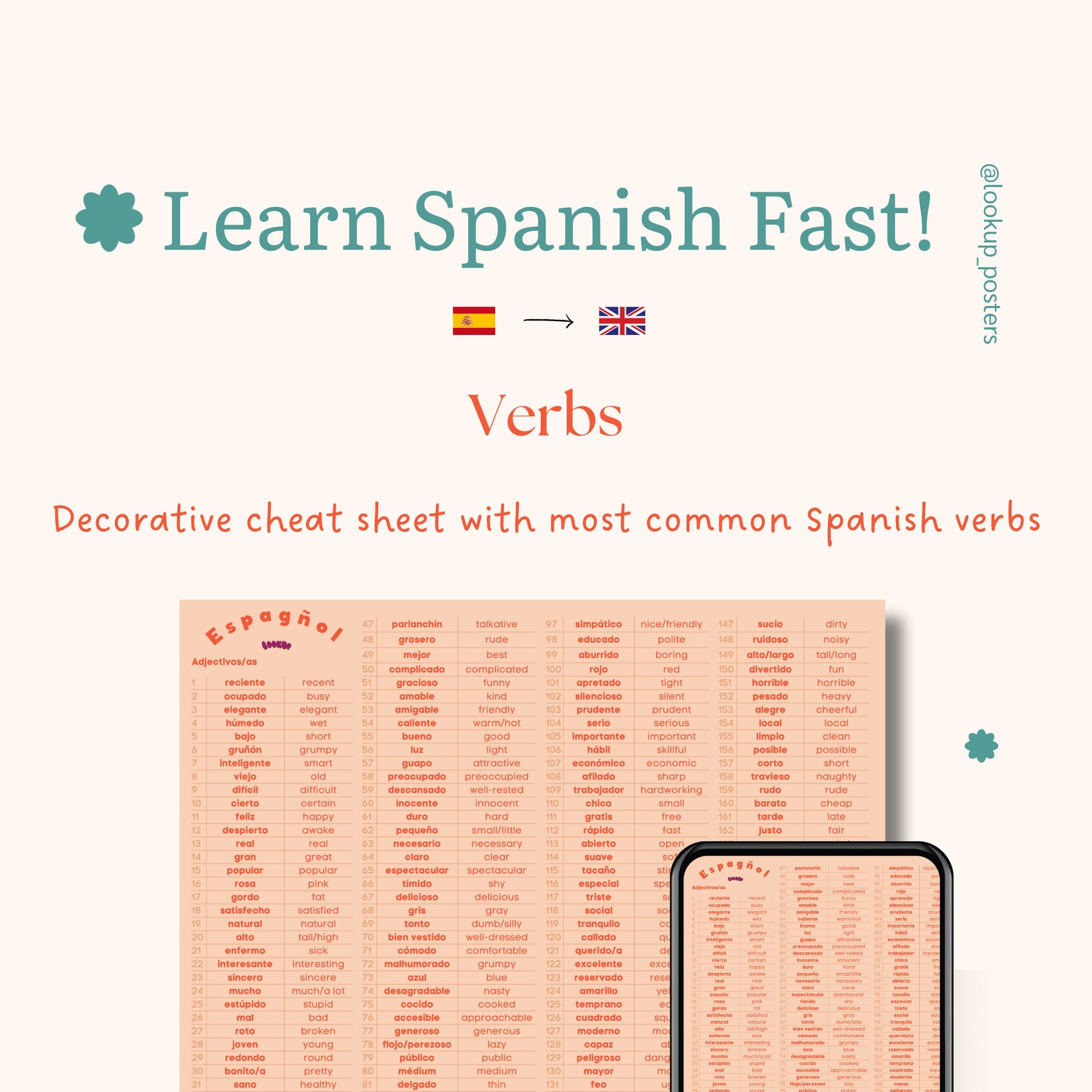 Orange Spanish Cheat Sheet Poster - Most Common Spanish Verbs - Instant ...