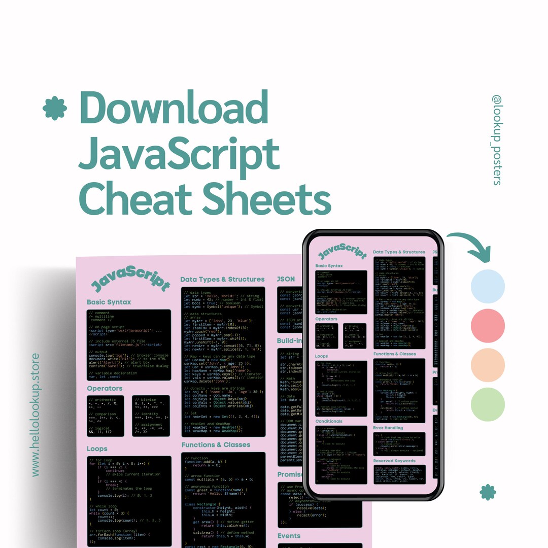 Pink Javascript Programming Cheat Sheet Poster - Stylish Javascript Wall Art for Coding ...