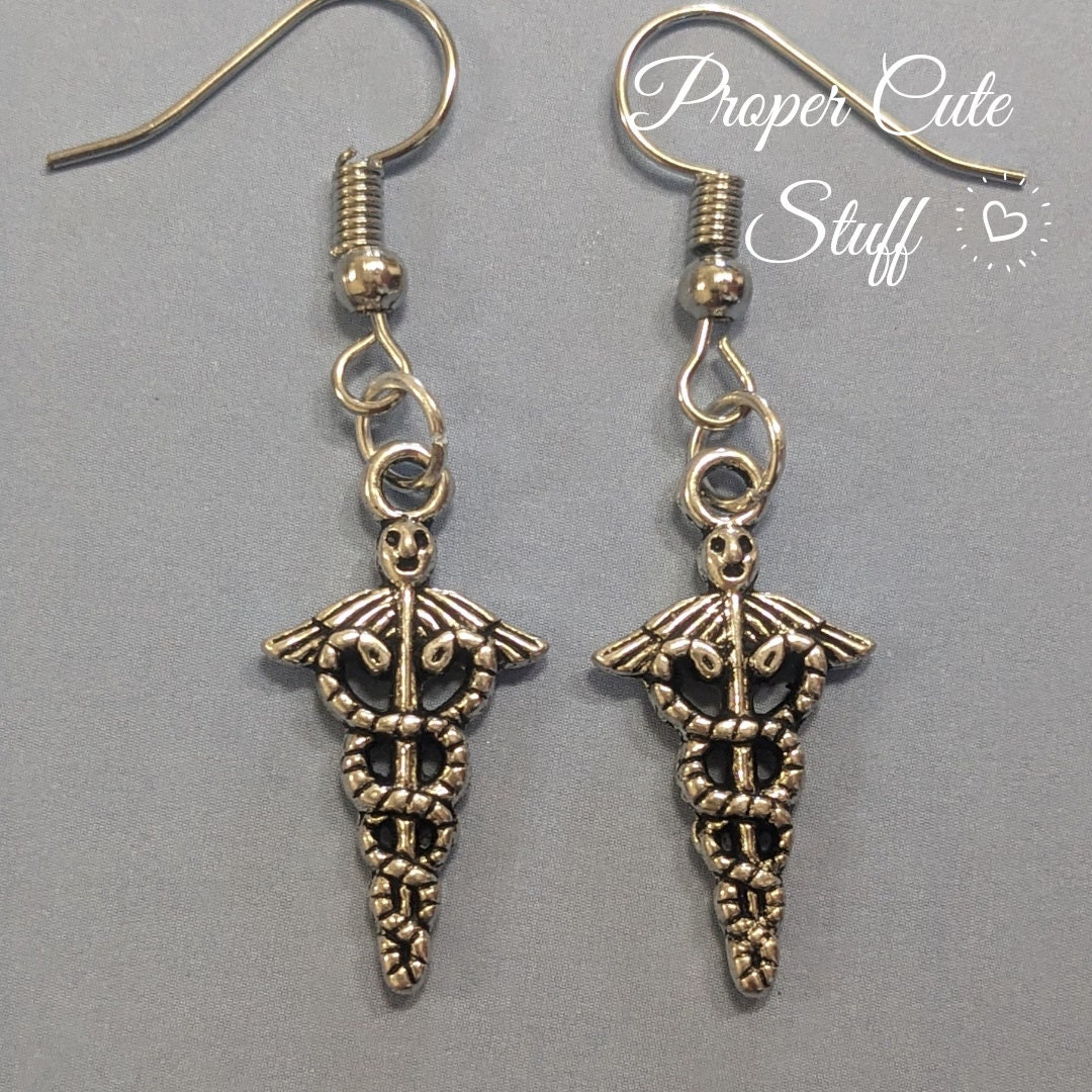 Medical Caduceus Handmade Cute Silver Drop Dangle Earrings weird Quirky ...