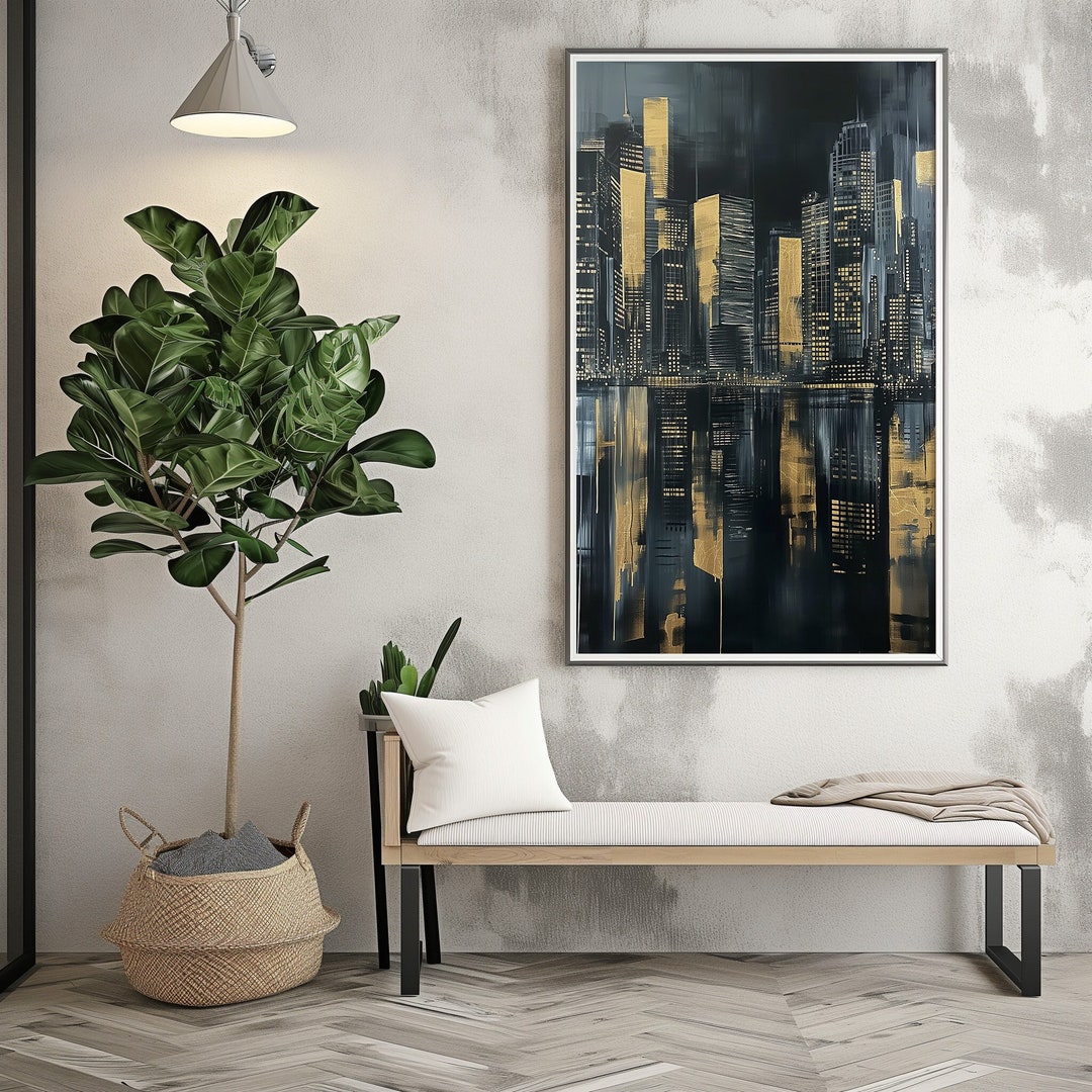 Abstract Cityscape Canvas Art, Modern Urban Skyline, Gold and Black ...