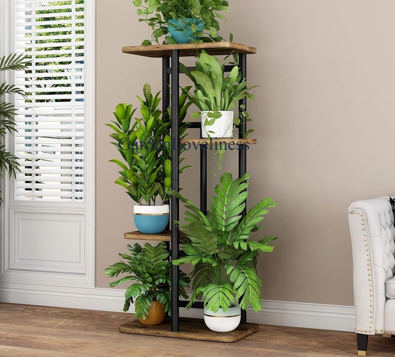 4 Tier Wood Metal Plant Stand Multi Plant Stand Indoor Plant Stand ...
