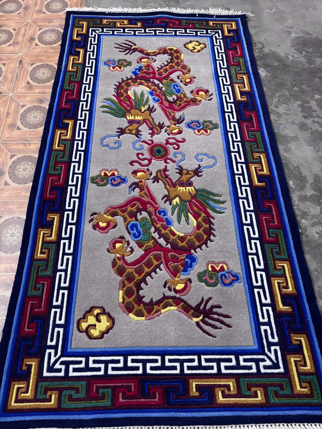 Handmade Wool Rug With Mythical Dragon Design Traditional Tibetan Art ...