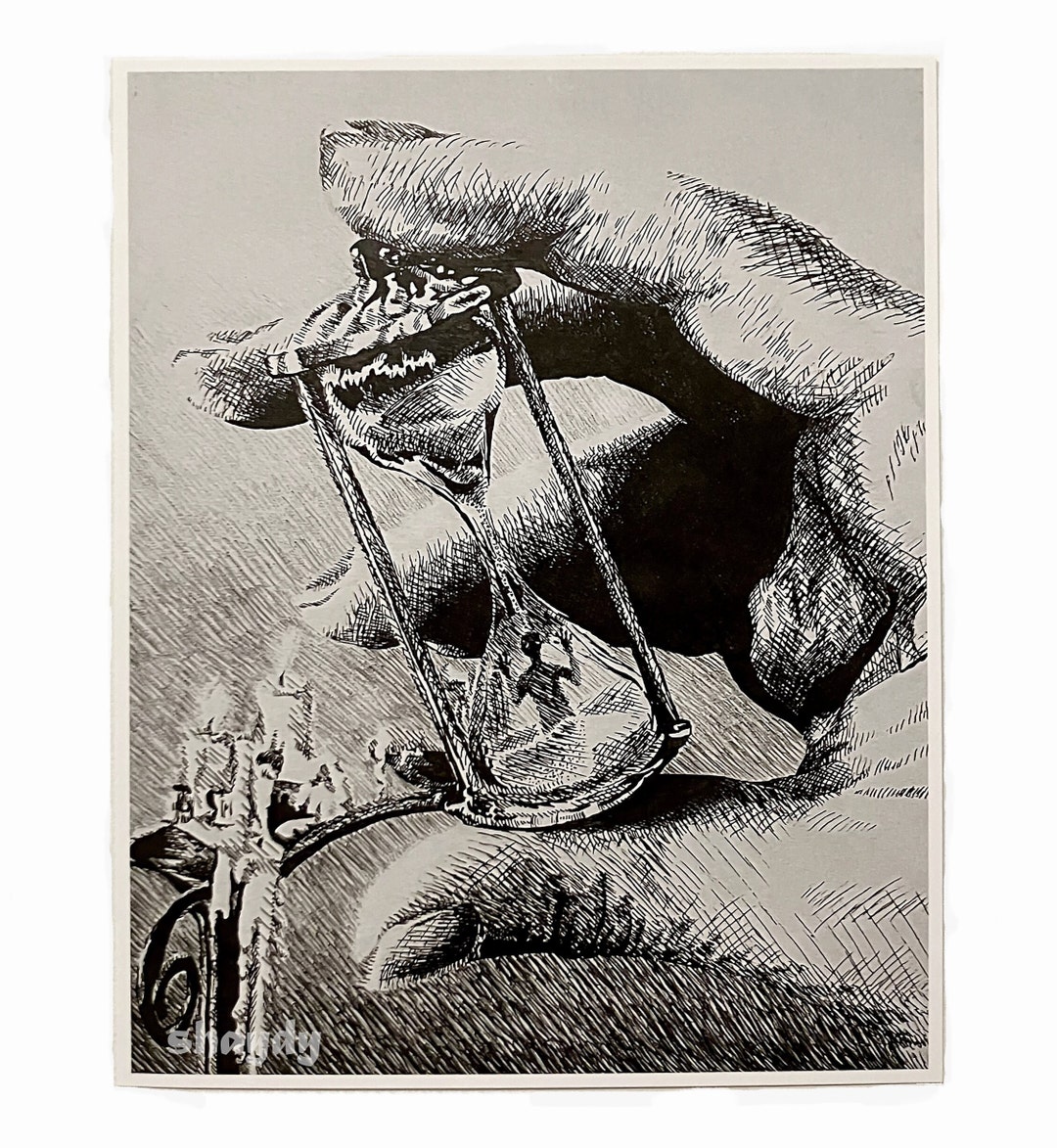 Surreal Horror Art Print, Trapped in Hourglass Ink Drawing, Creepy ...