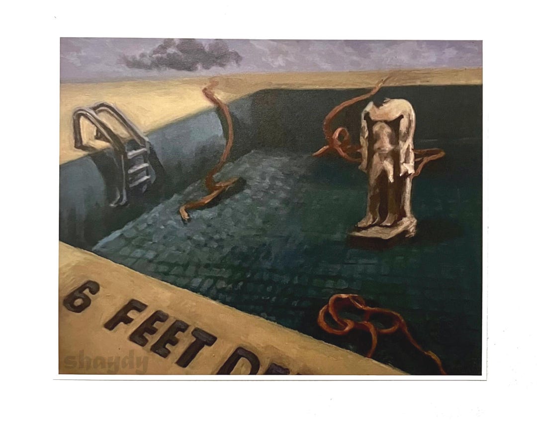 Dark Surreal Painting, Liminal Space Art Print, Statue in Empty Pool ...