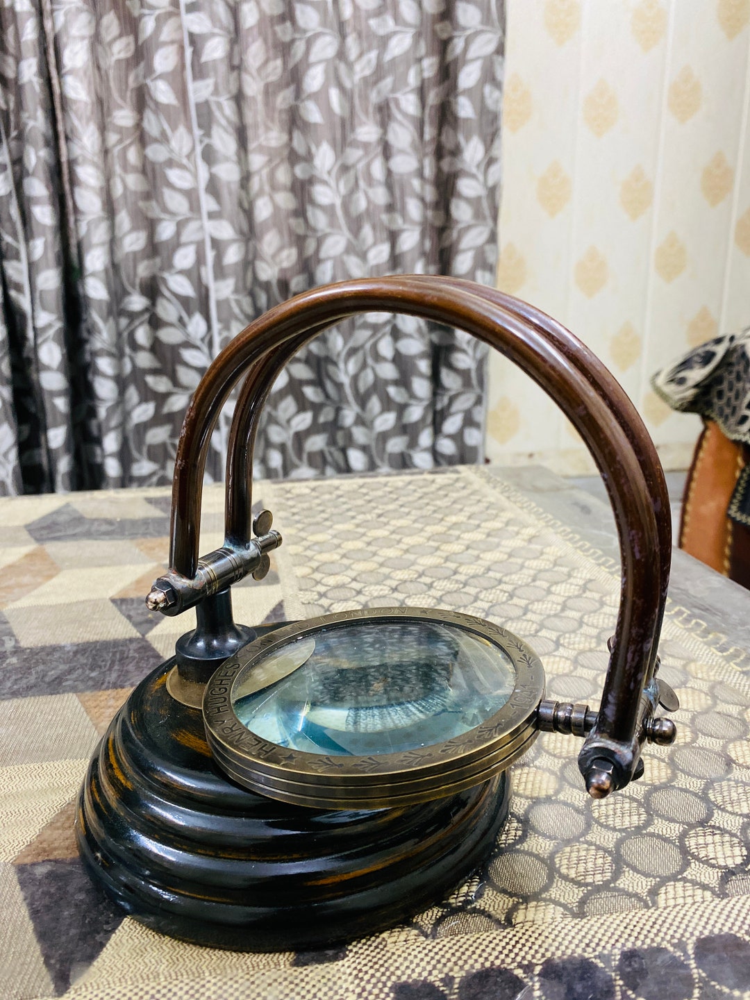 Antique Brass Magnifying Glass With Wooden Base Adjustable Magnifier ...