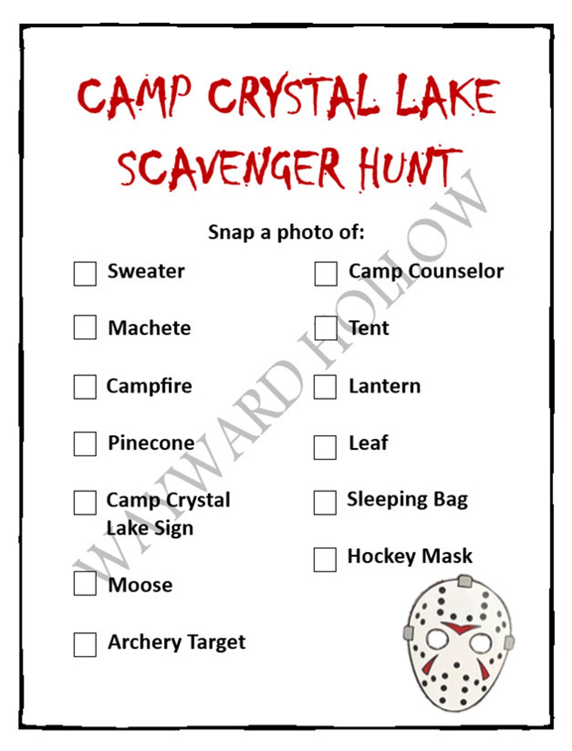 Friday the 13th Camp Crystal Lake Jason Voorhees Photo Scavenger Hunt ...