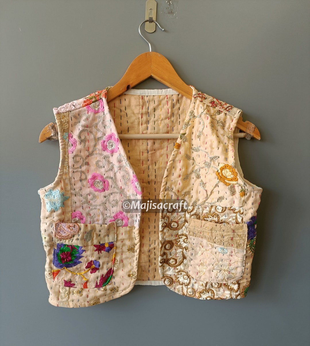 Cutwork Kantha Vest Coat, Indian Handmade Patchwork Cotton Vest Jacket ...