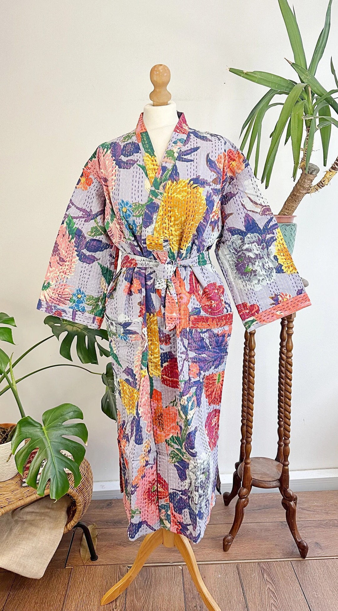 Quilted Kantha Kimono, 100% Cotton Floral Block Printed Long Kimono ...