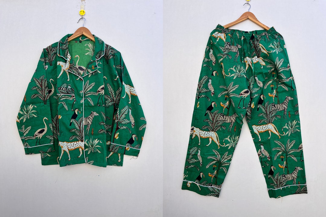 New Green Jungle Print Pj Set, Night Suit, Sleepwear Dress, Bridesmaid ...