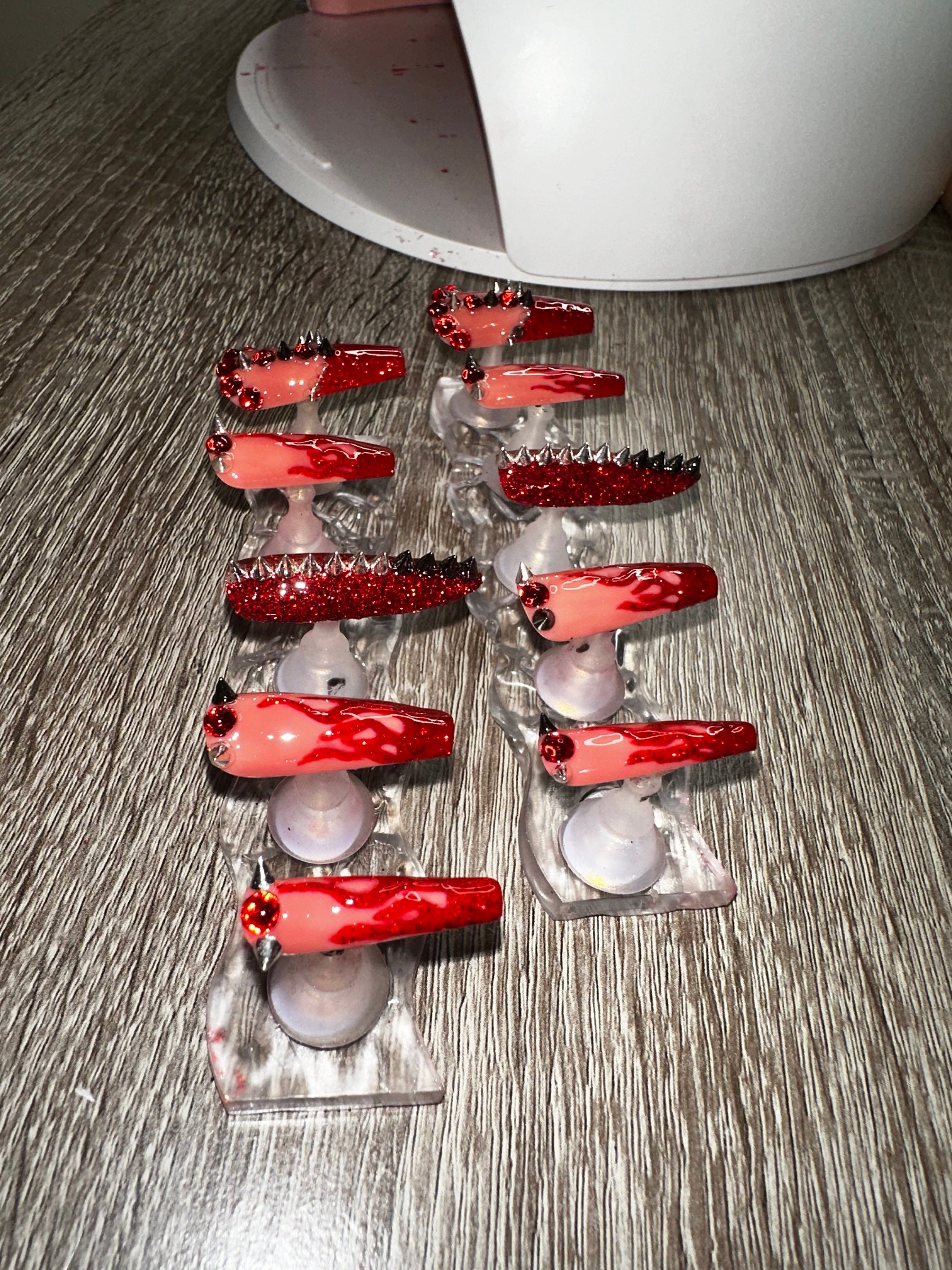 Spiky Bling Red Doja Cat Nails Glitter Free Shipping Press - Etsy