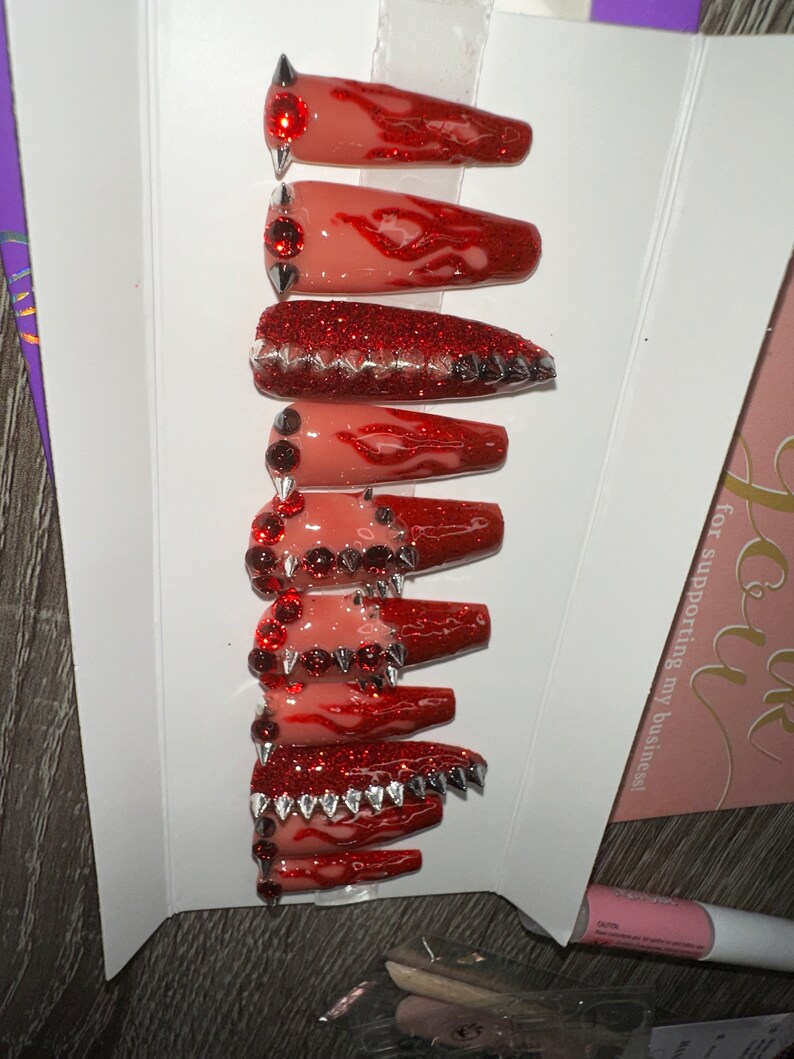 Spiky Bling Red Doja Cat Nails Glitter Free Shipping Press - Etsy