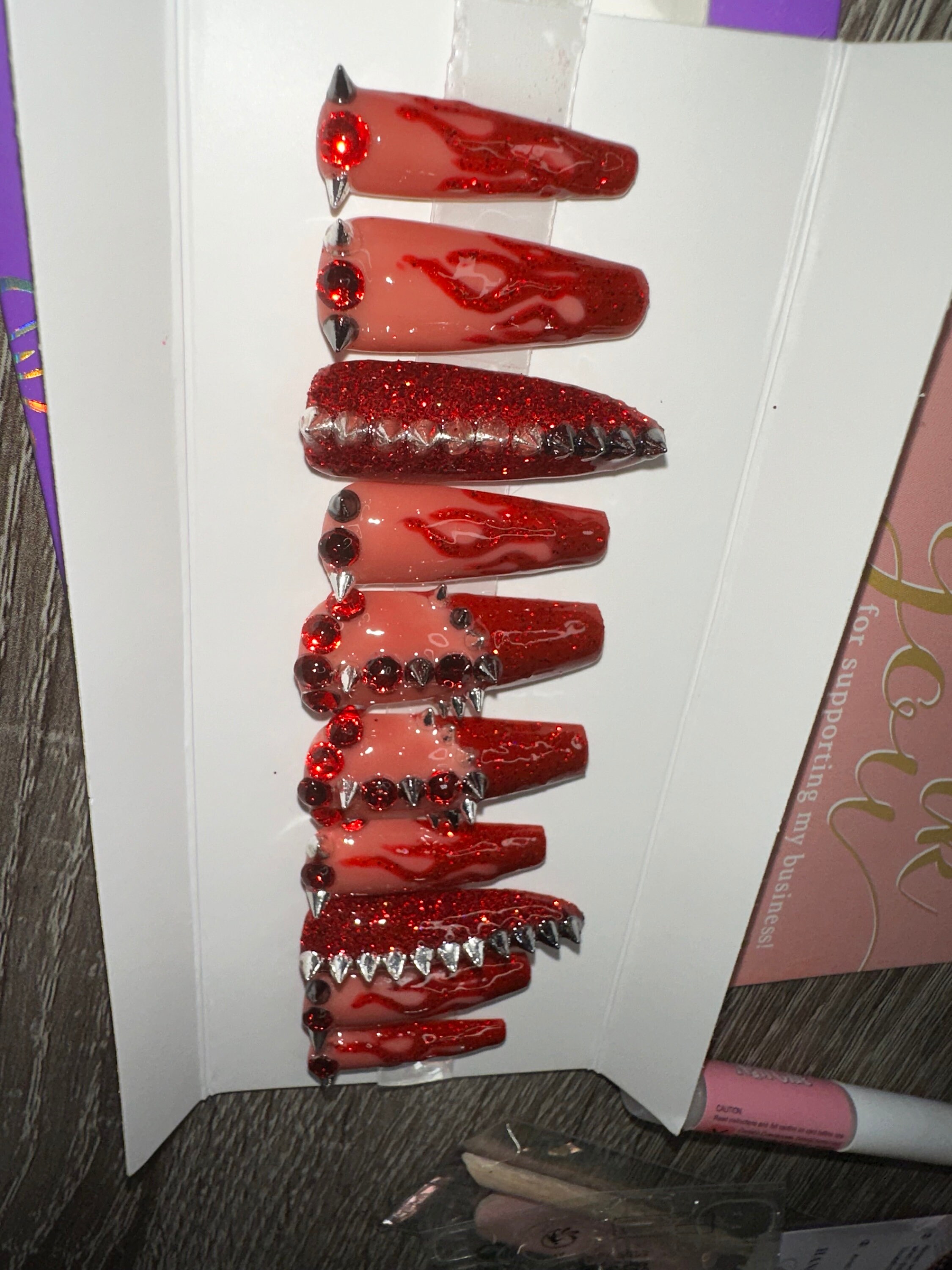 Spiky Bling Red Doja Cat Nails Glitter Free Shipping Press - Etsy