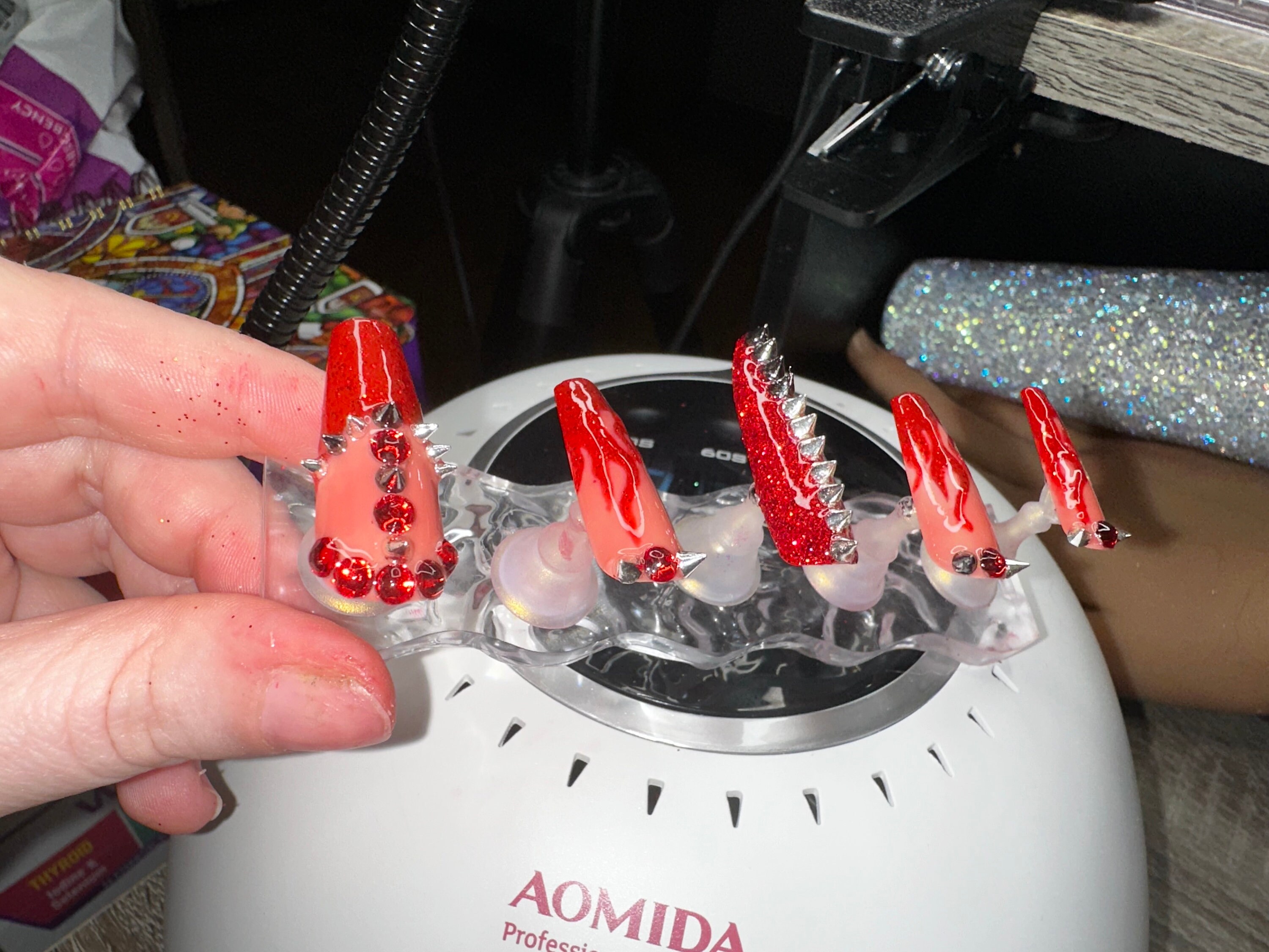 Spiky Bling Red Doja Cat Nails Glitter Free Shipping Press - Etsy