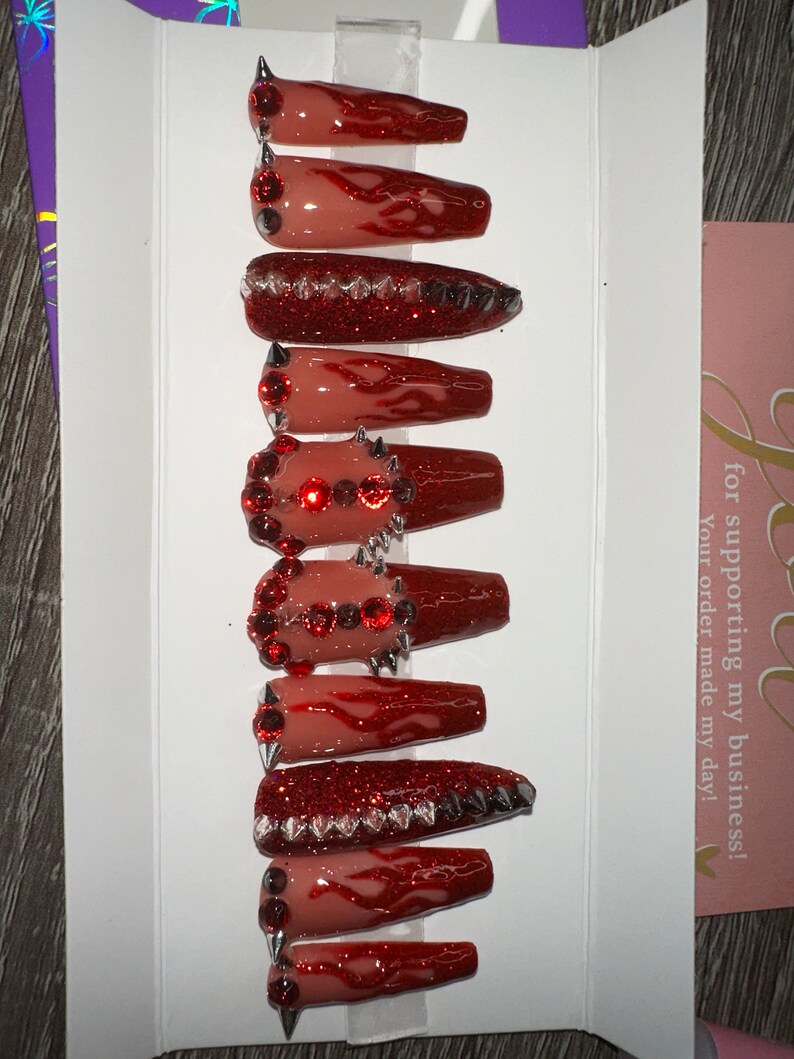 Spiky Bling Red Doja Cat Nails Glitter Free Shipping Press - Etsy