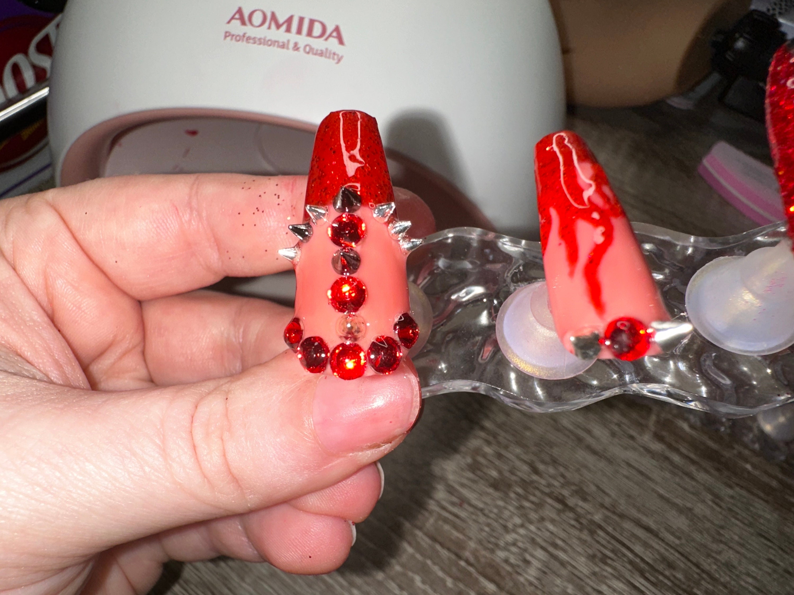 Spiky Bling Red Doja Cat Nails Glitter Free Shipping Press - Etsy