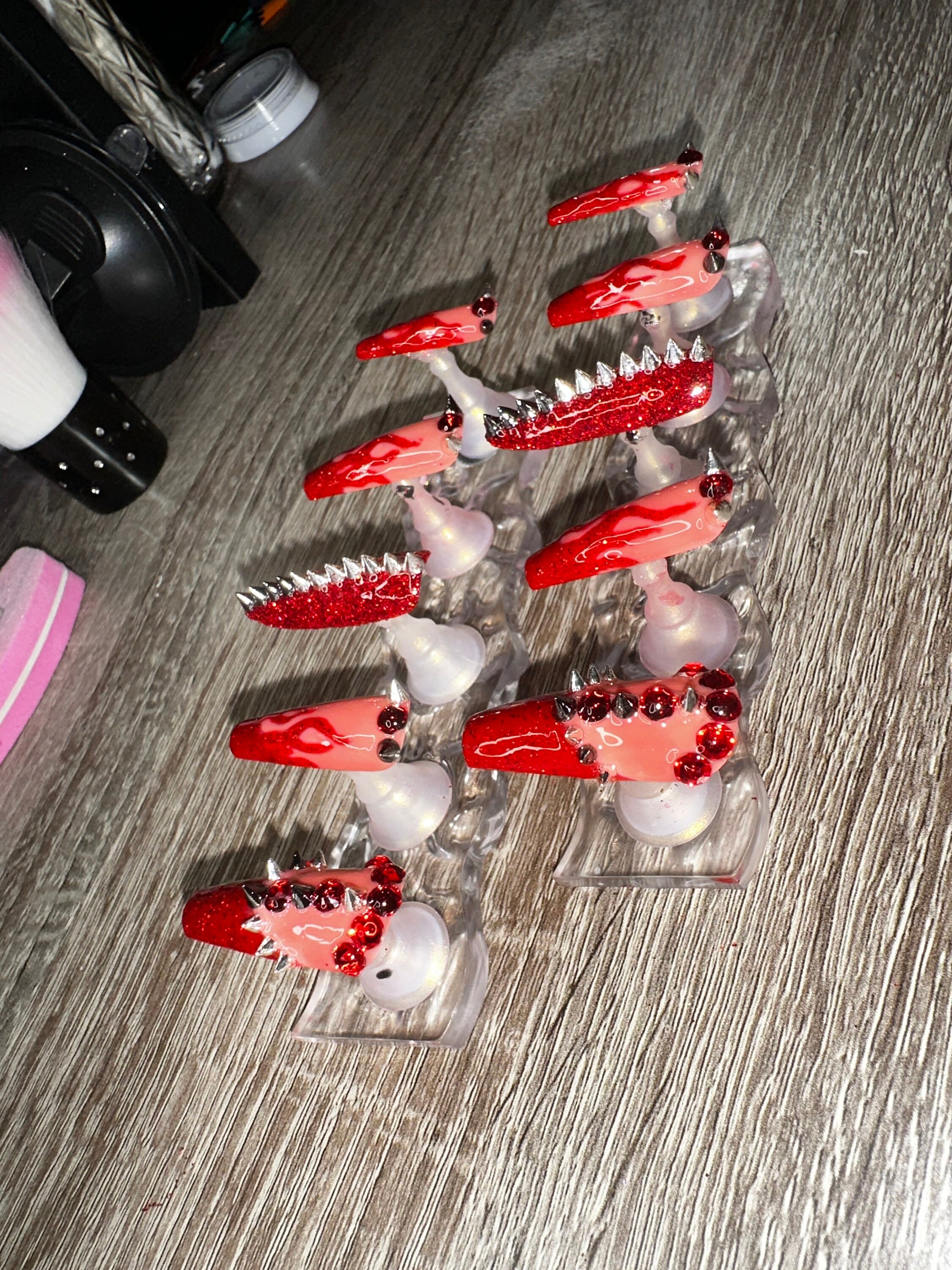 Spiky Bling Red Doja Cat Nails Glitter Free Shipping Press - Etsy