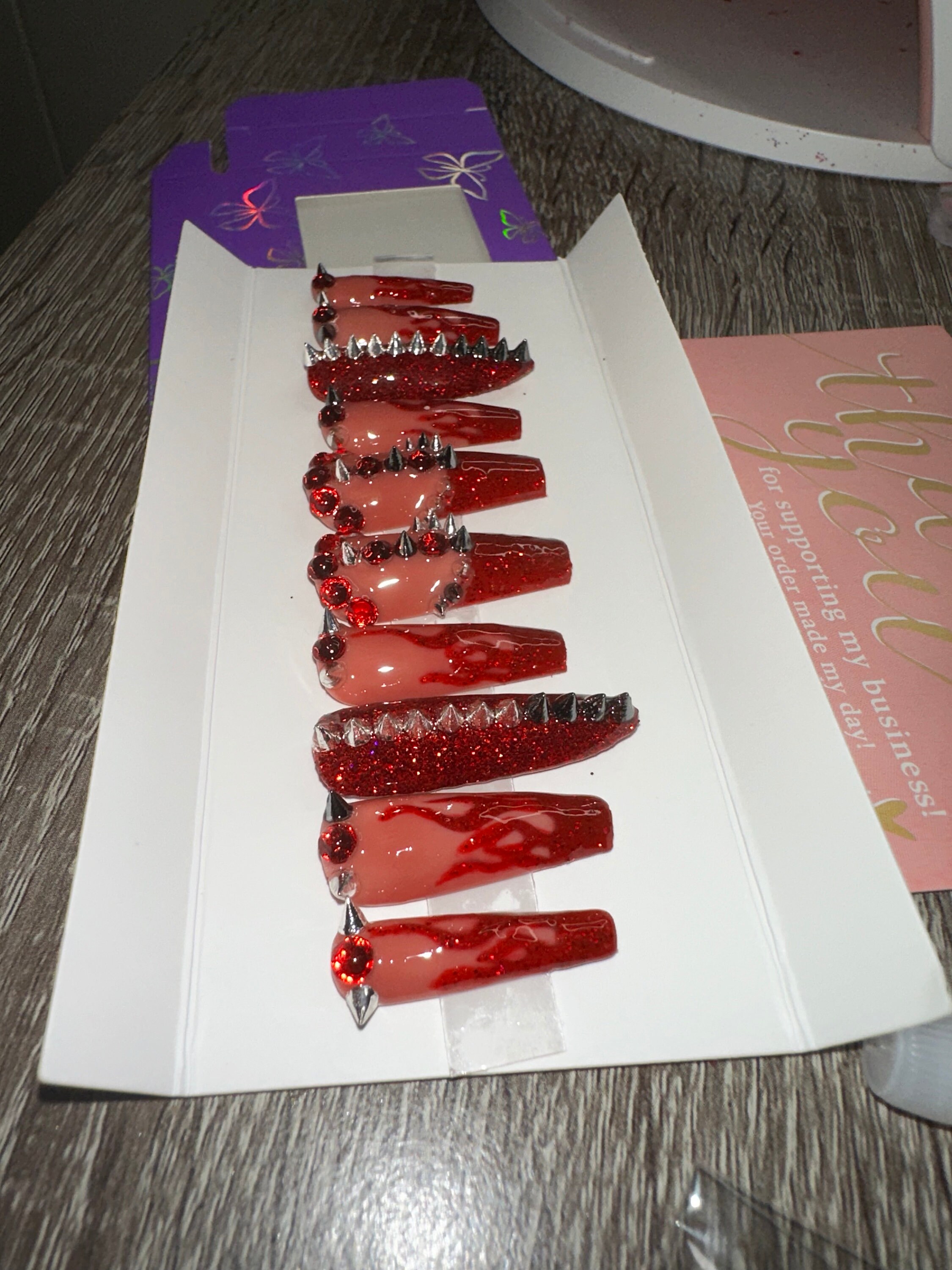 Spiky Bling Red Doja Cat Nails Glitter Free Shipping Press - Etsy