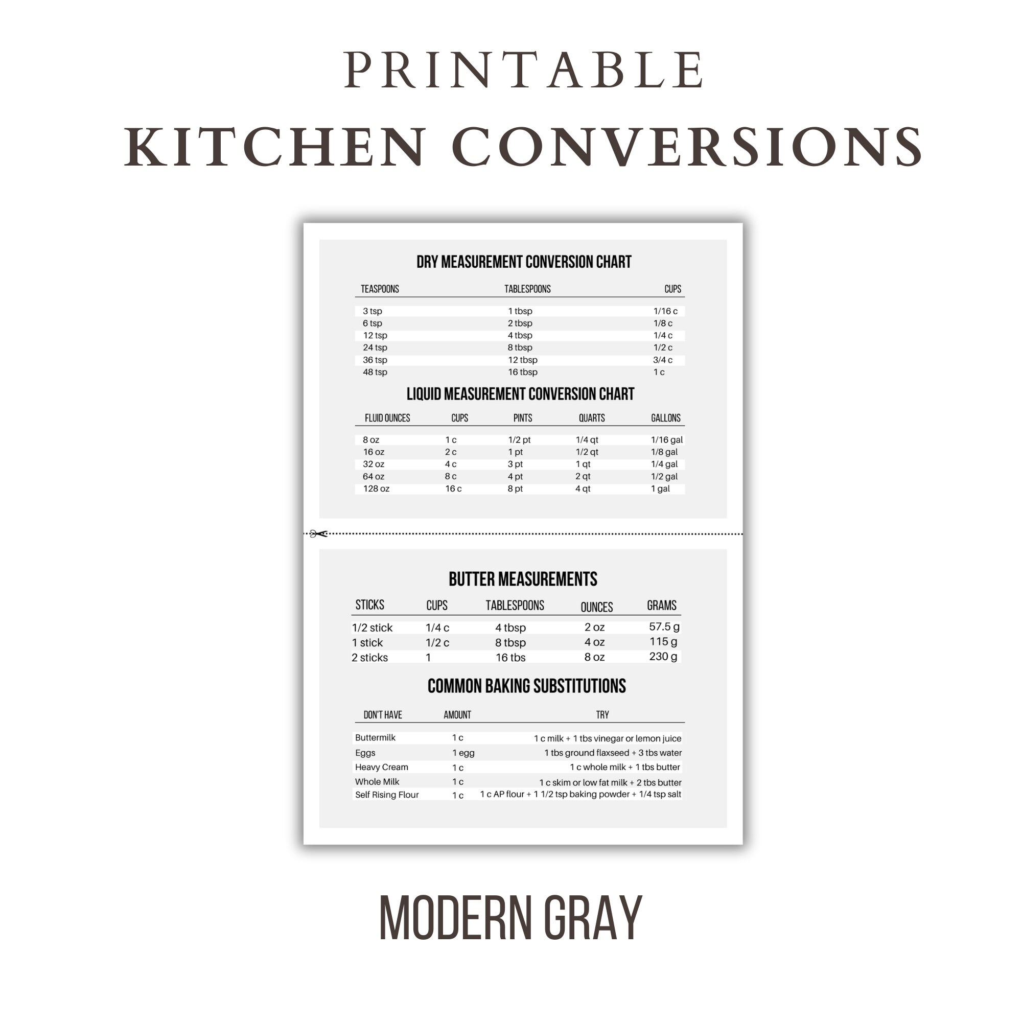 Printable Kitchen Conversion Chart, Baking Measurements, Liquid ...