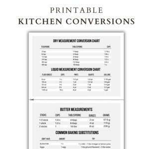 Printable Kitchen Conversion Chart, Baking Measurements, Liquid ...