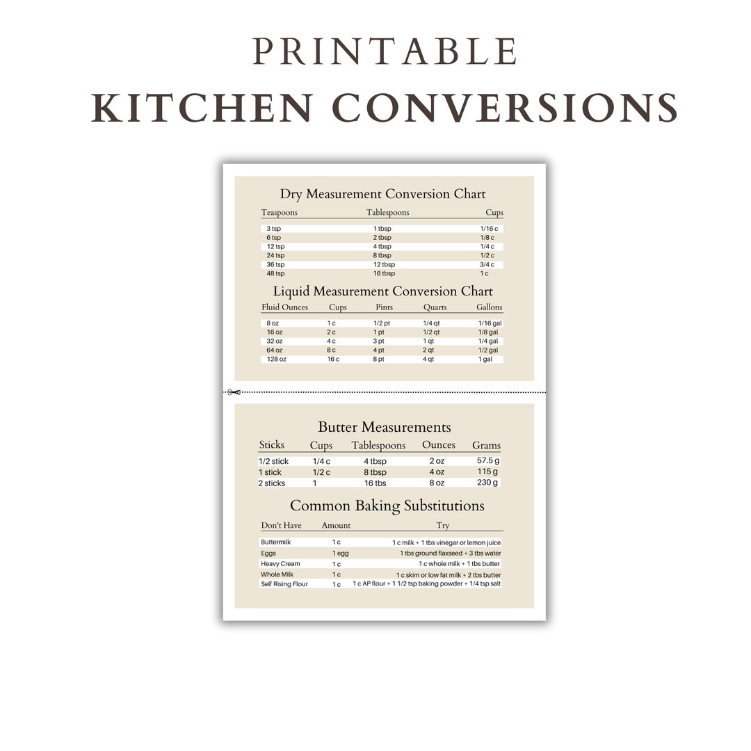 Printable Kitchen Conversion Chart, Baking Measurements, Liquid ...