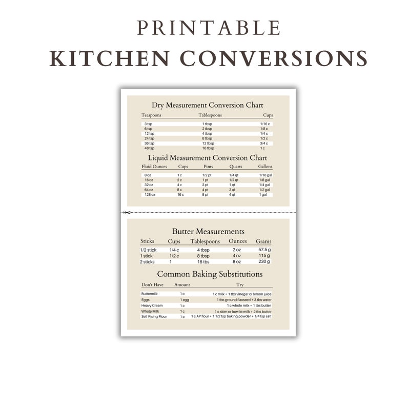 Printable Kitchen Conversion Chart, Baking Measurements, Liquid ...