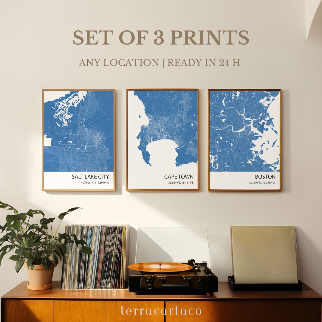 Set of 3 Custom Map Prints, Custom City Map, Personalized Map Print ...